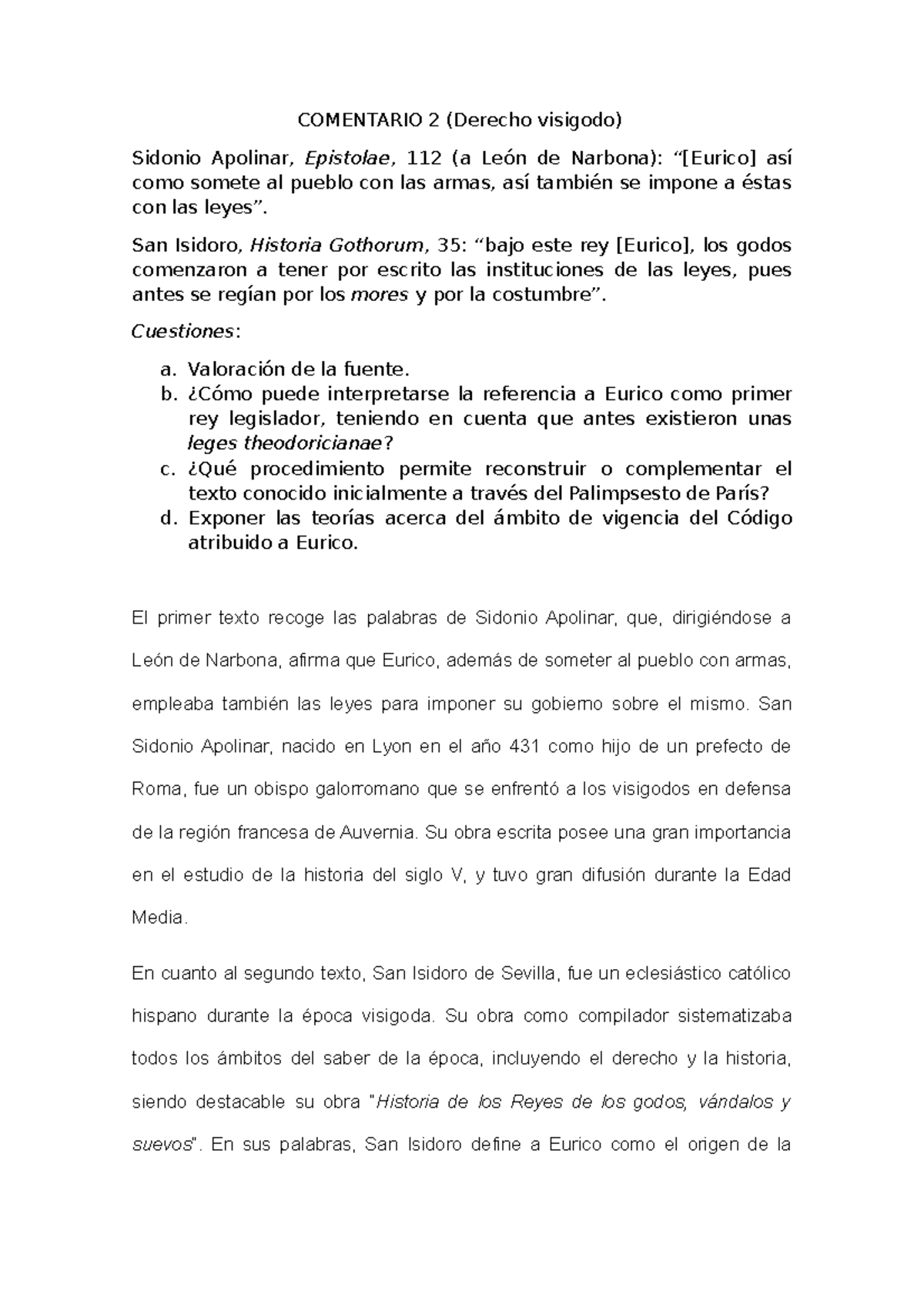 Práctica 2: Análisis del Código de Eurico en Derecho Visigodo - Studocu