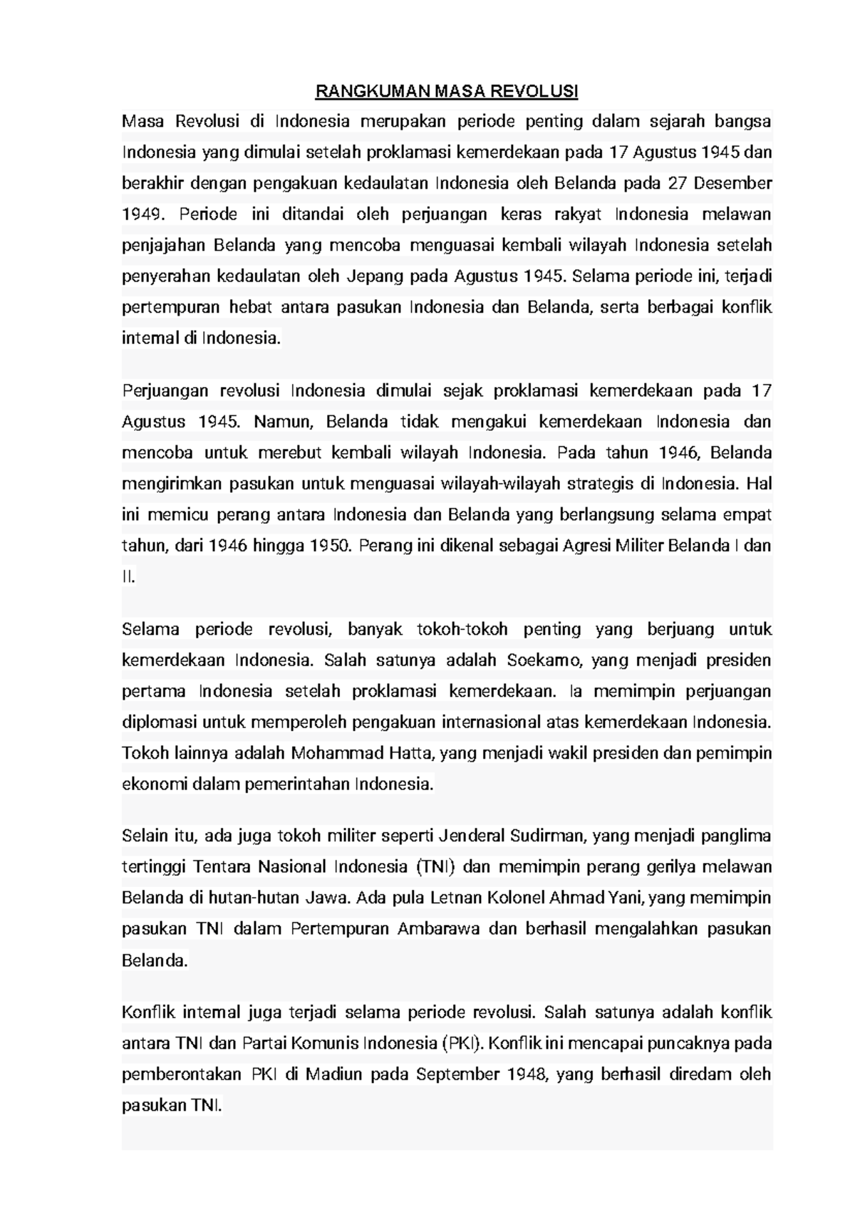 Rangkuman Sejarah Perjuangan Masa Revolusi Indonesia (1945-1950) - Studocu