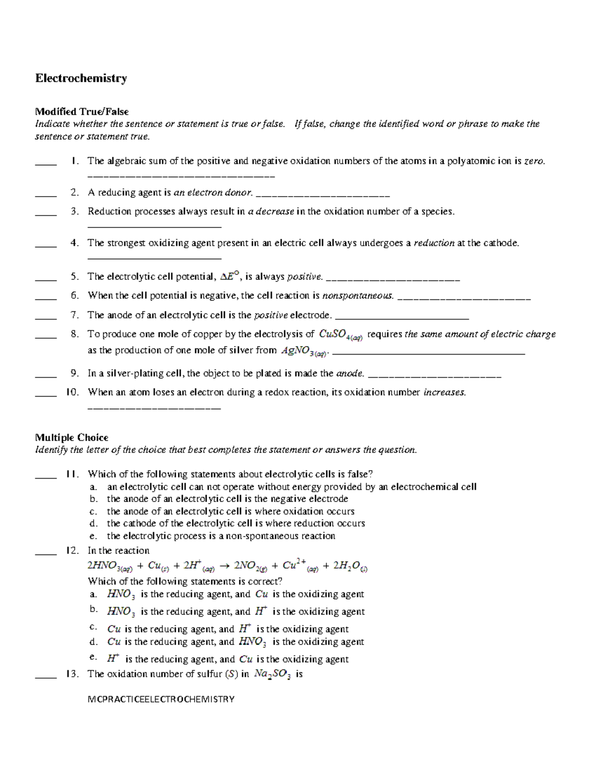 Electrochemistry Test 3 Review: Questions & Answers (2018) - Studocu