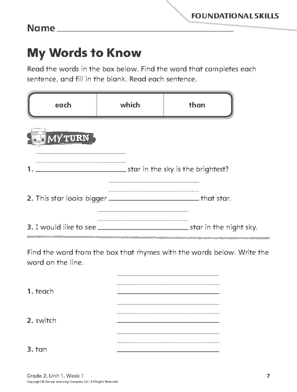 M V20 G2U1W1 High Frequency Words Practice web - Copyright © Savvas ...