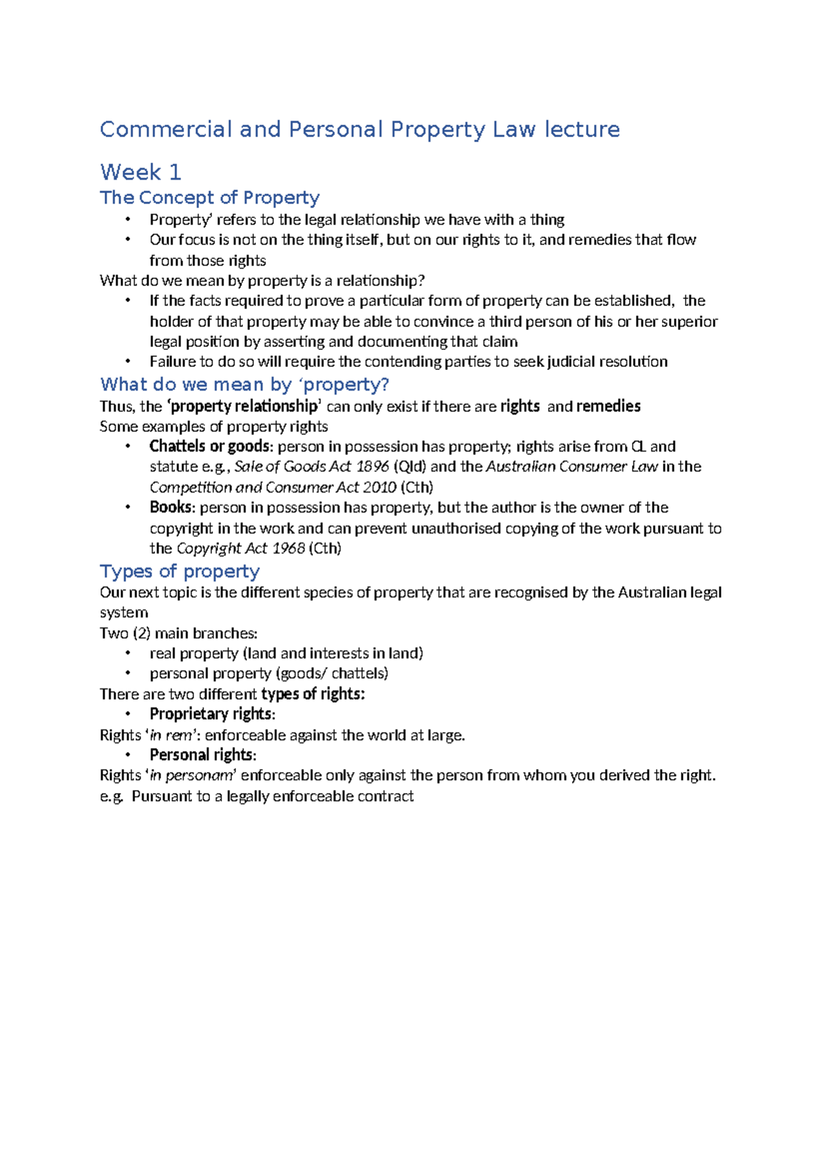 Commercial and Personal Property Law Lecture Wk 1: The Concept of ...