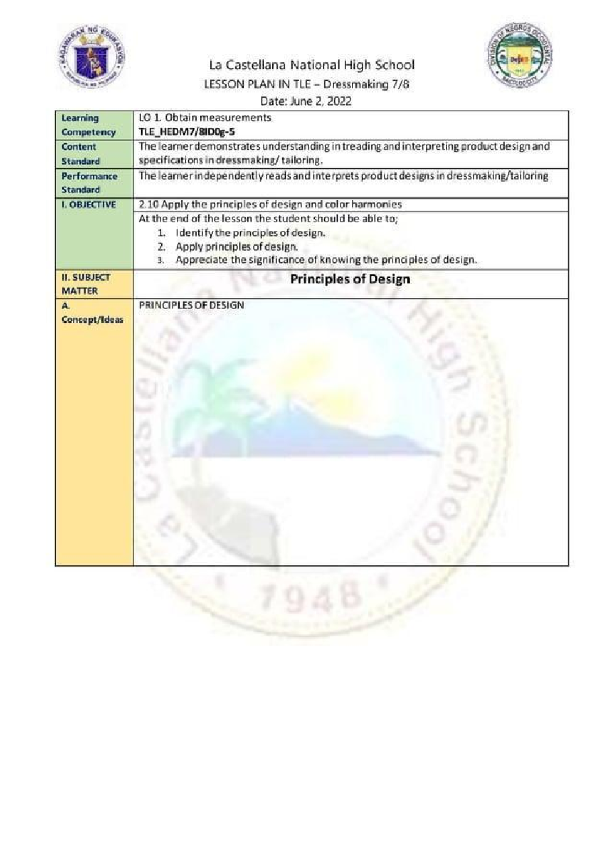 TLE Lesson Plan: Principles of Design in Dressmaking (Grade 7) - Studocu