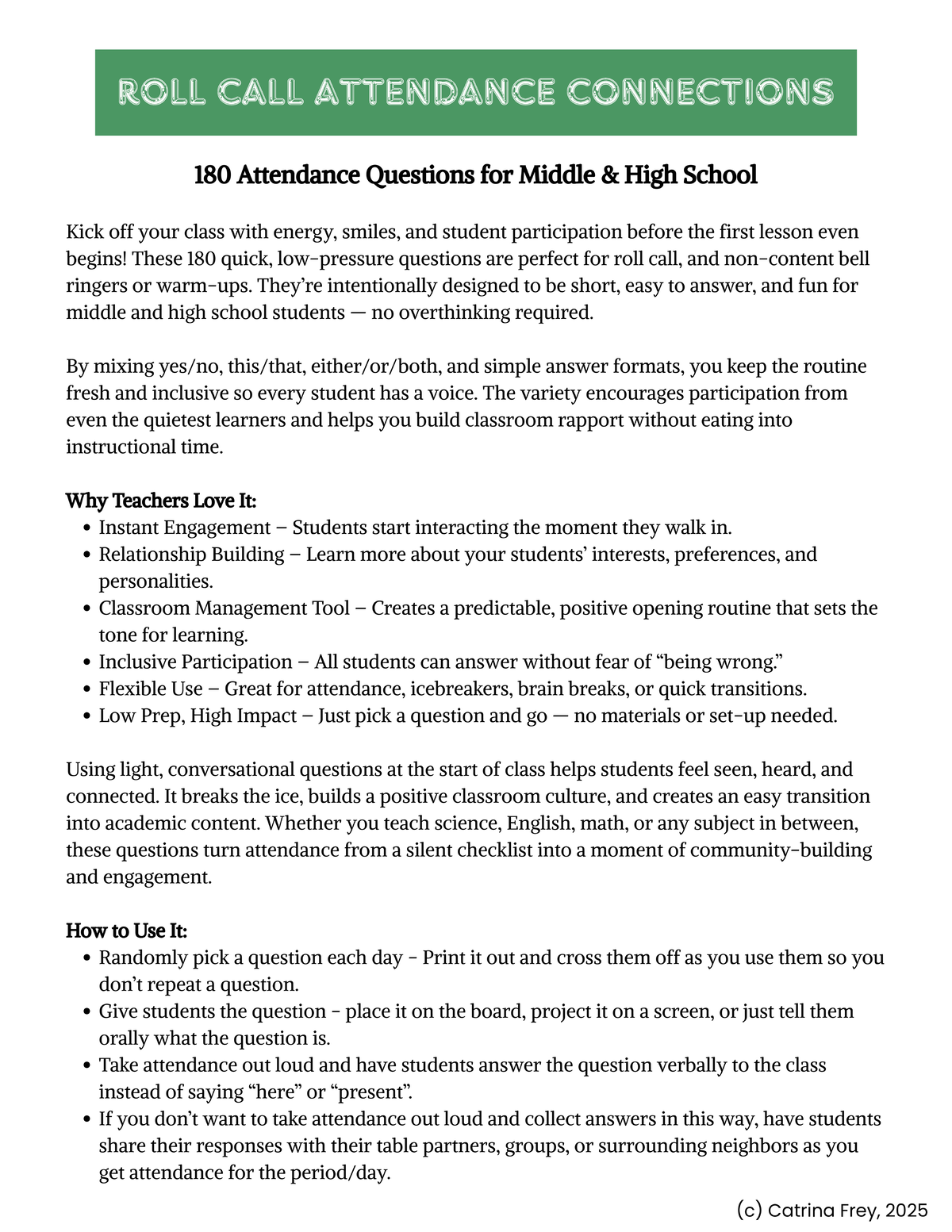 Attendance Roll Call: 180 Engaging Questions for MS/HS - Studocu