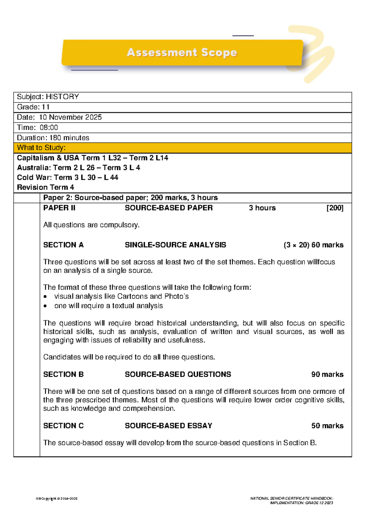 HISTORY Grade 11: Scope for NOV Paper 2 Exam 2025 - Studocu