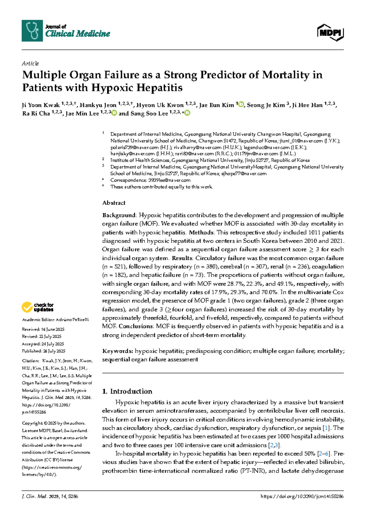 JCM 14: Multiple Organ Failure as a Mortality Predictor in Hypoxic ...