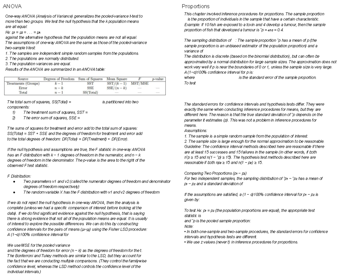 Stats Exam Cheat Sheet - Summary Statistics I - ANOVA One-way ANOVA ...