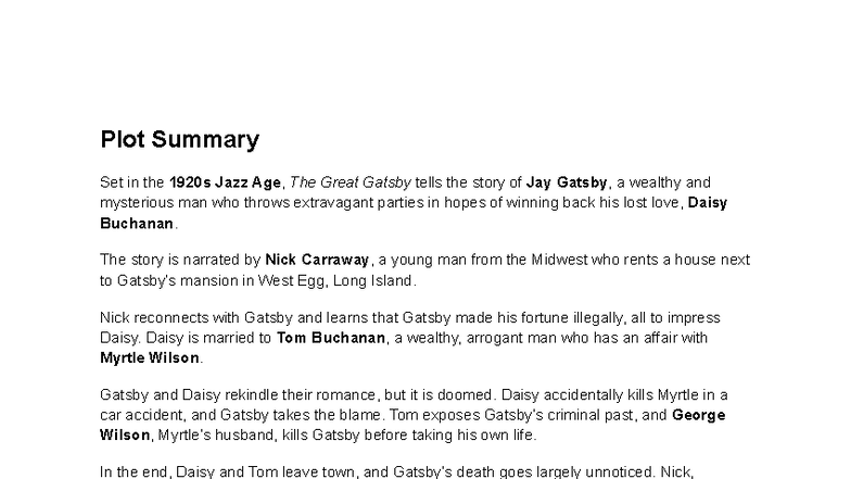 The Great Gatsby (ENG 101) - Plot Summary and Character Analysis - Studocu