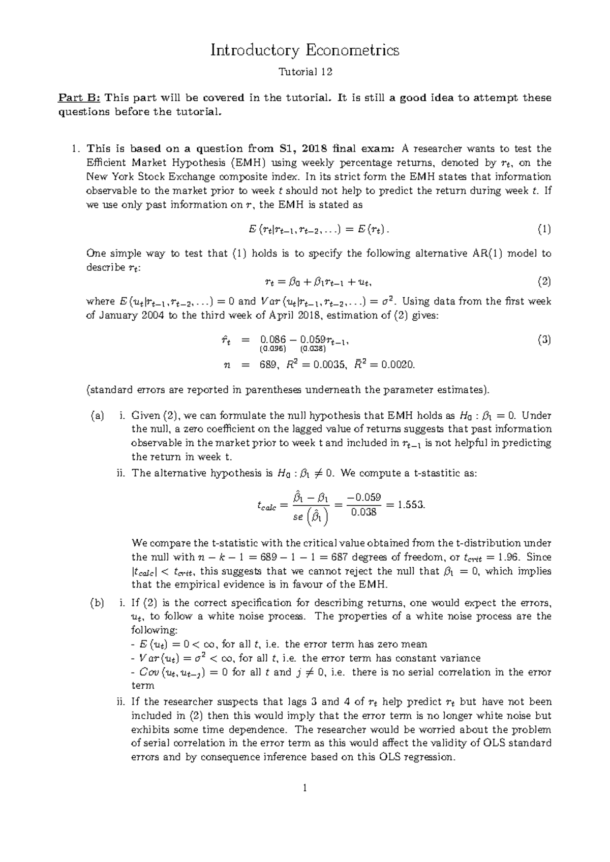 Solutions Tutorial 12 - Introductory Econometrics Tutorial 12 Part B ...