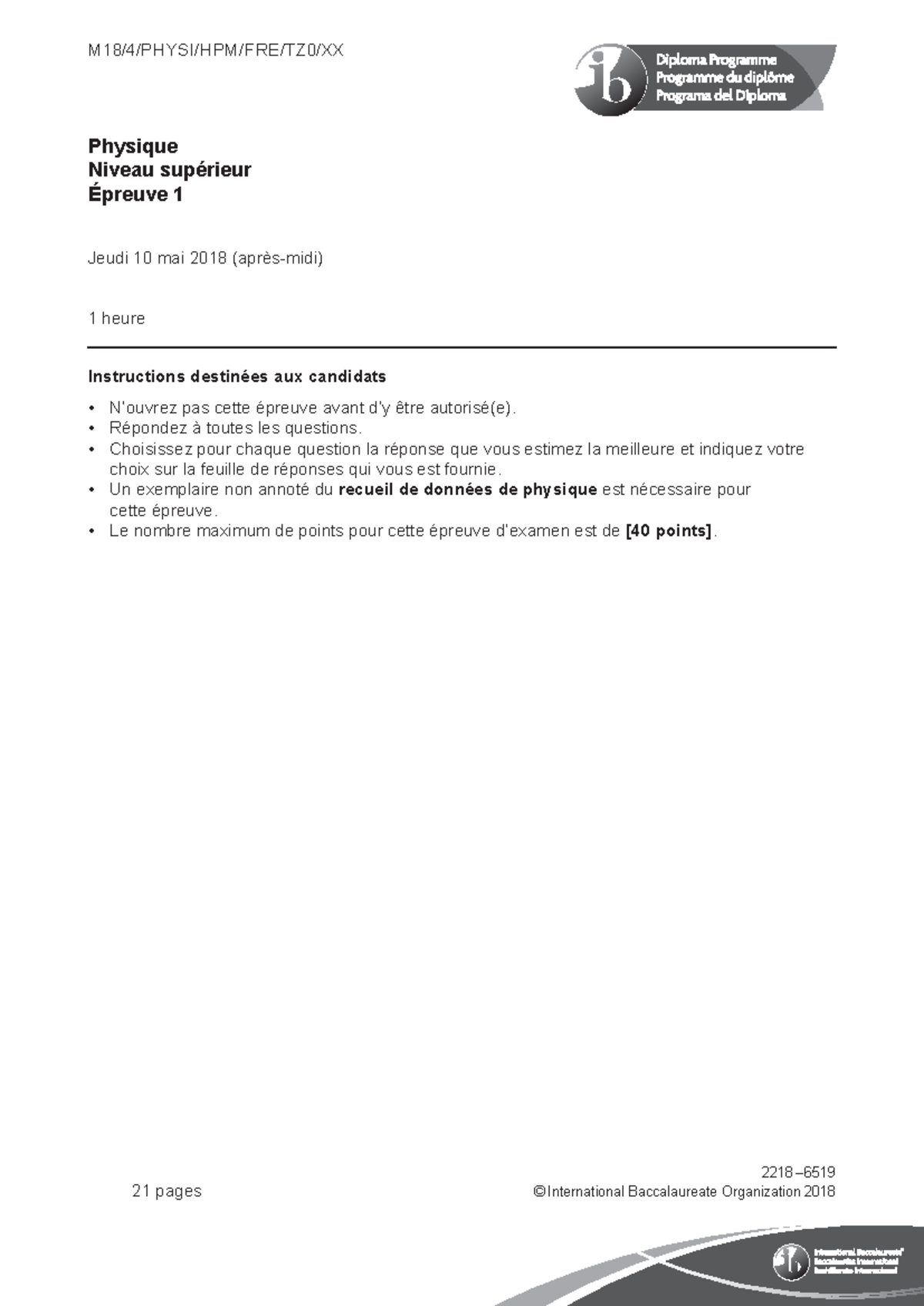 Physics paper 1 HL French - Physique Niveau supérieur Épreuve 1 21 ...