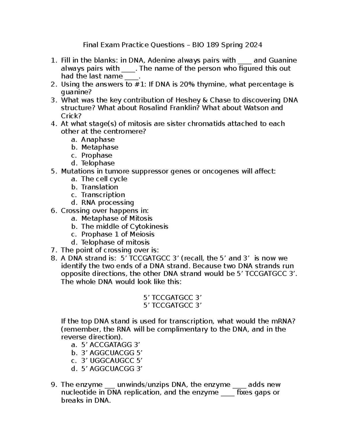 Final Exam Practice Questions for BIO 189 Spring 2024 - Studocu
