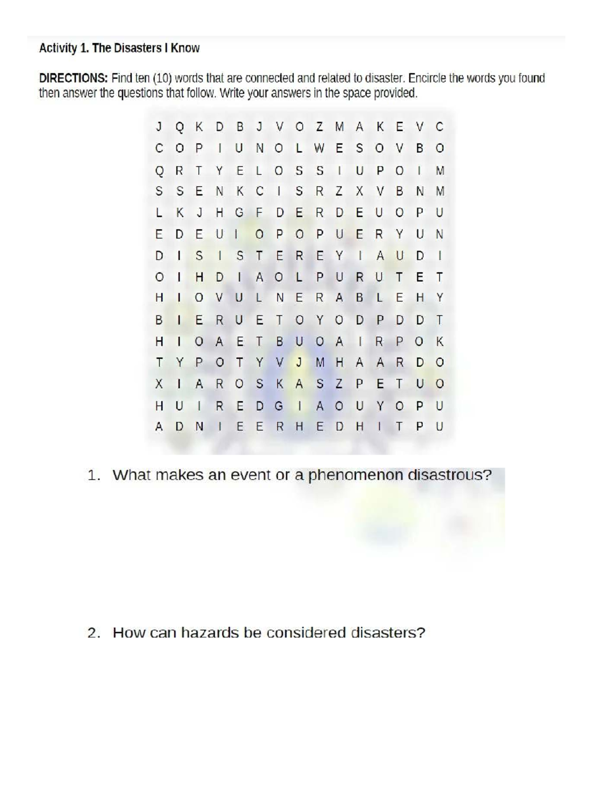 Activity Sheet DRRR #1: Exploring Disasters and Their Impact - Studocu