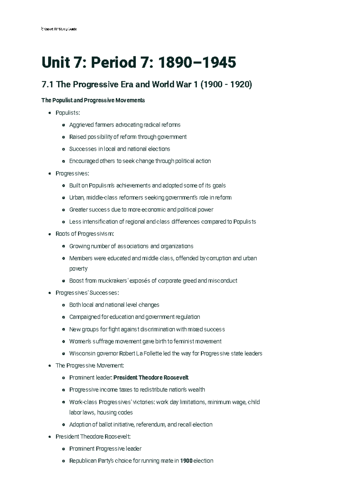 Unit 7: Progressive Era to WWII Overview for History 101 - Studocu