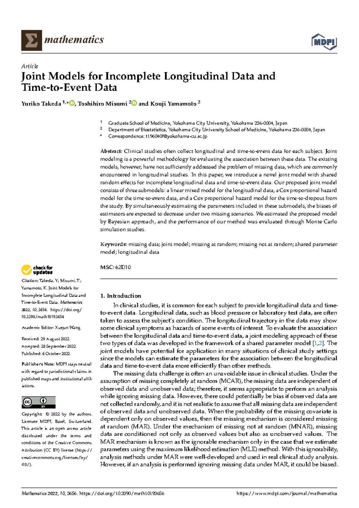 Mathematics 10 03656 v2 - Citation: Takeda, Y.; Misumi, T.; Yamamoto, K ...