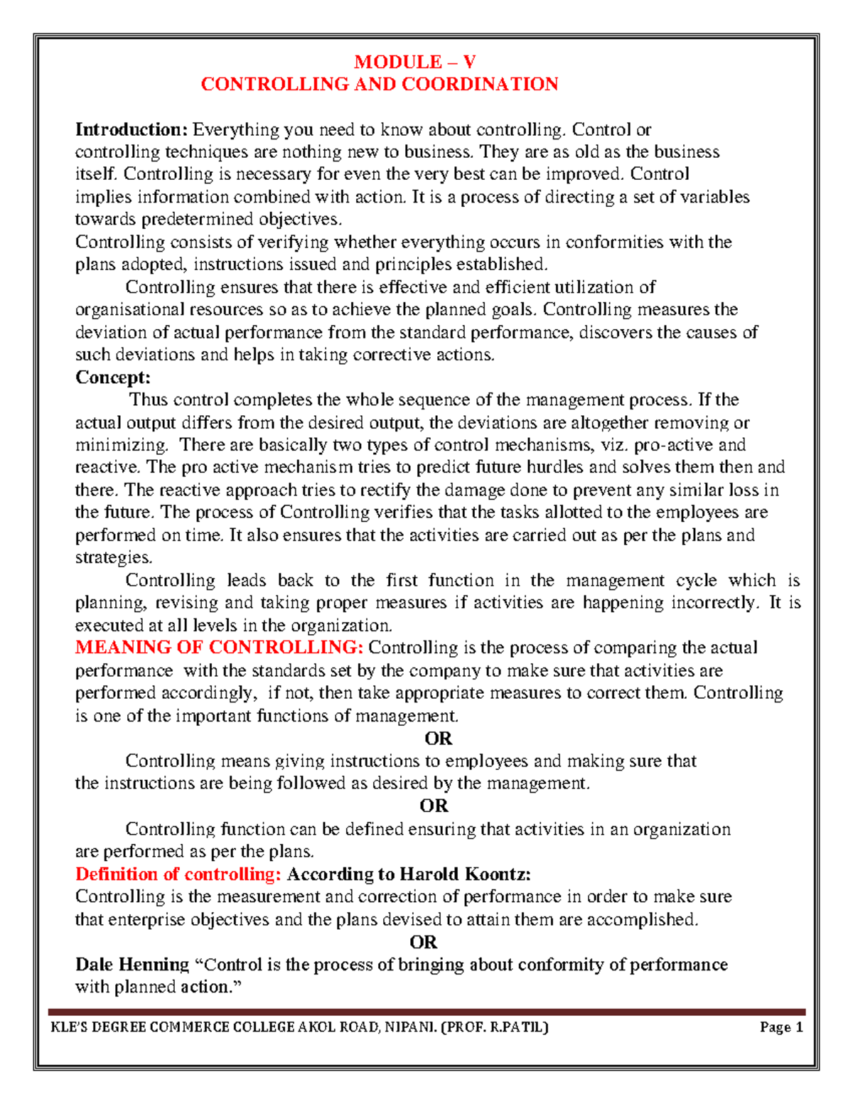 Module 5 management - MODULE – V CONTROLLING AND COORDINATION ...