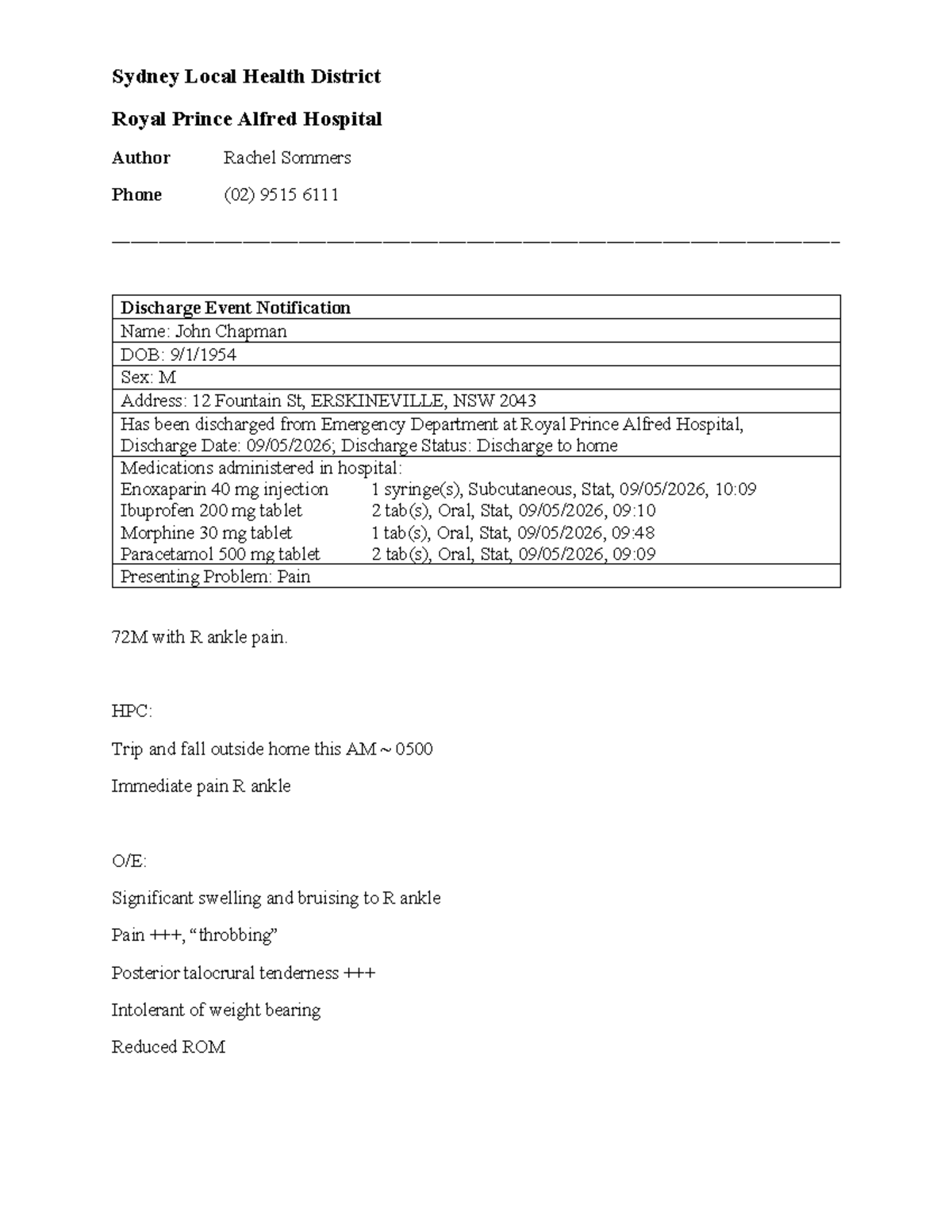 A3 Discharge Letter for John Chapman - RPA Hospital - Studocu