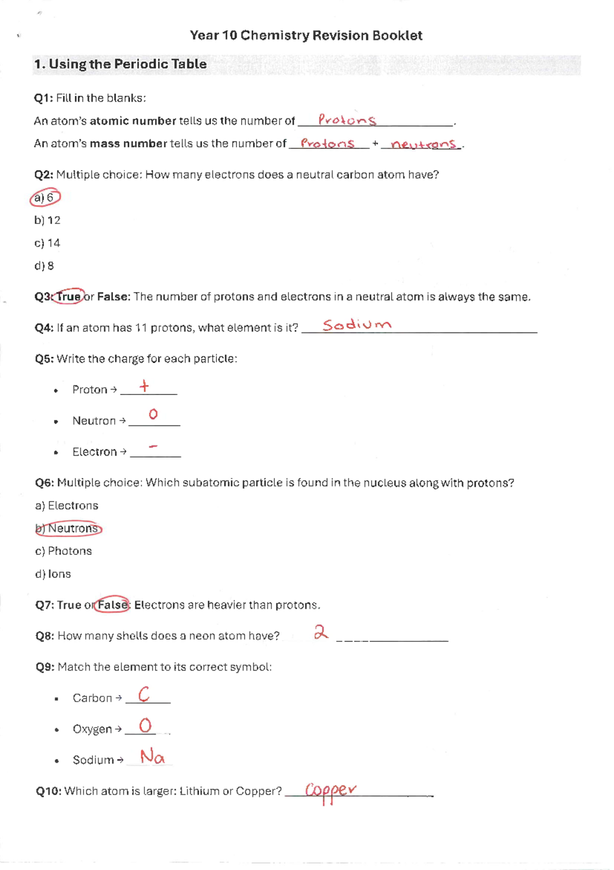 Year 10 Chemistry Revision Booklet Answers: Key Concepts and Q&A - Studocu