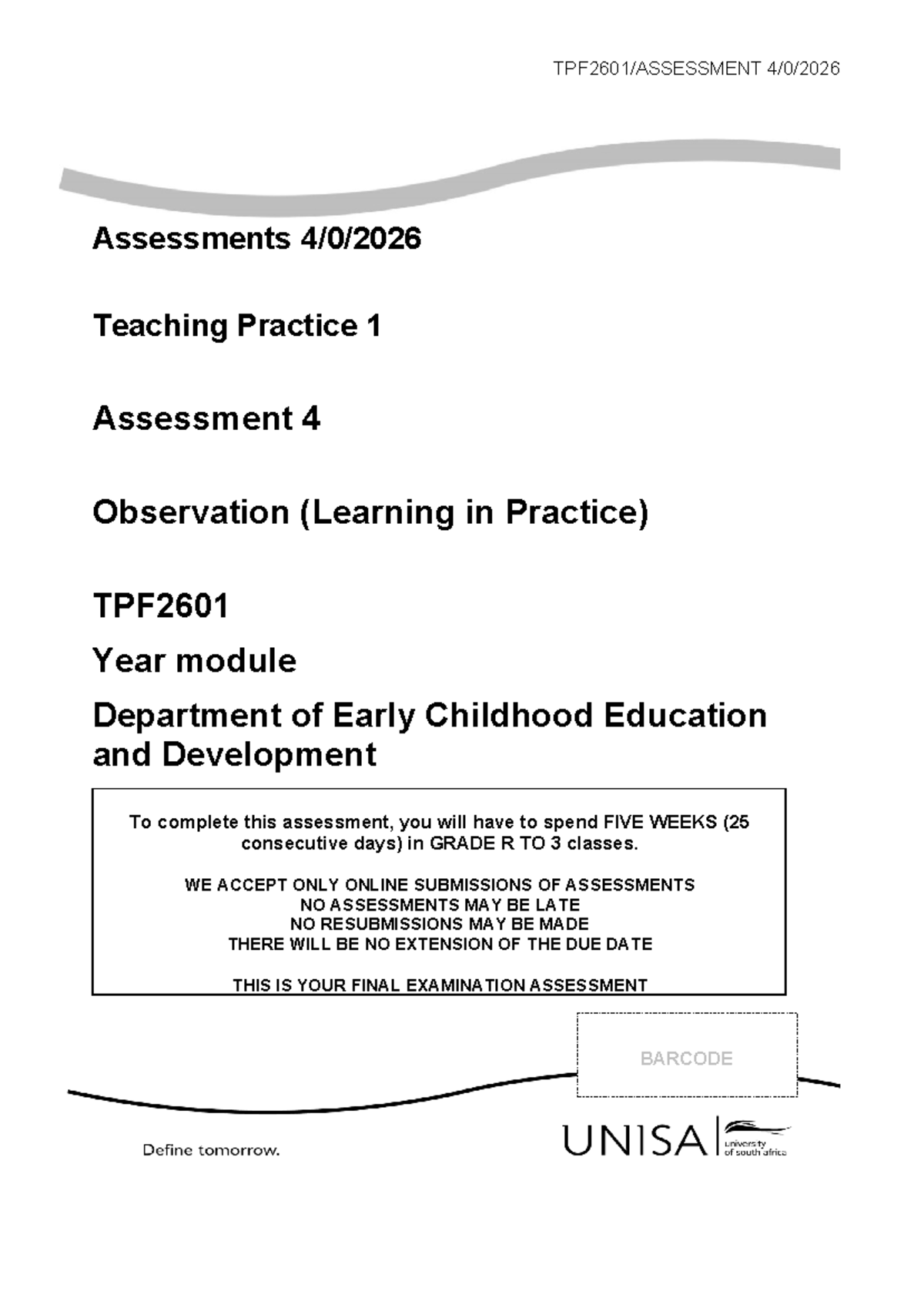 TPF2601 Final Assessment 4: Teaching Practice - Studocu