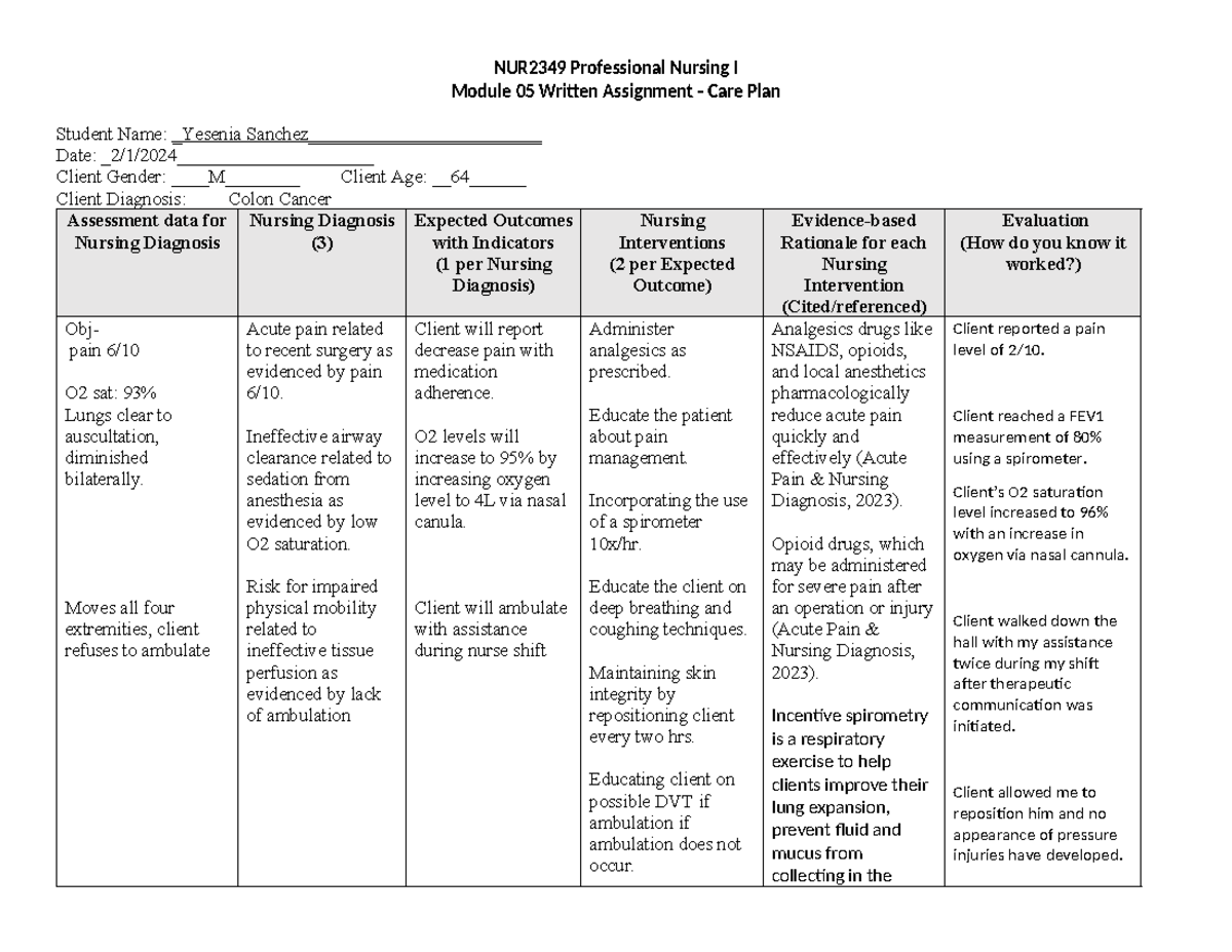 Module 05 Written Assignment - Care Plan - Moves all four extremities ...