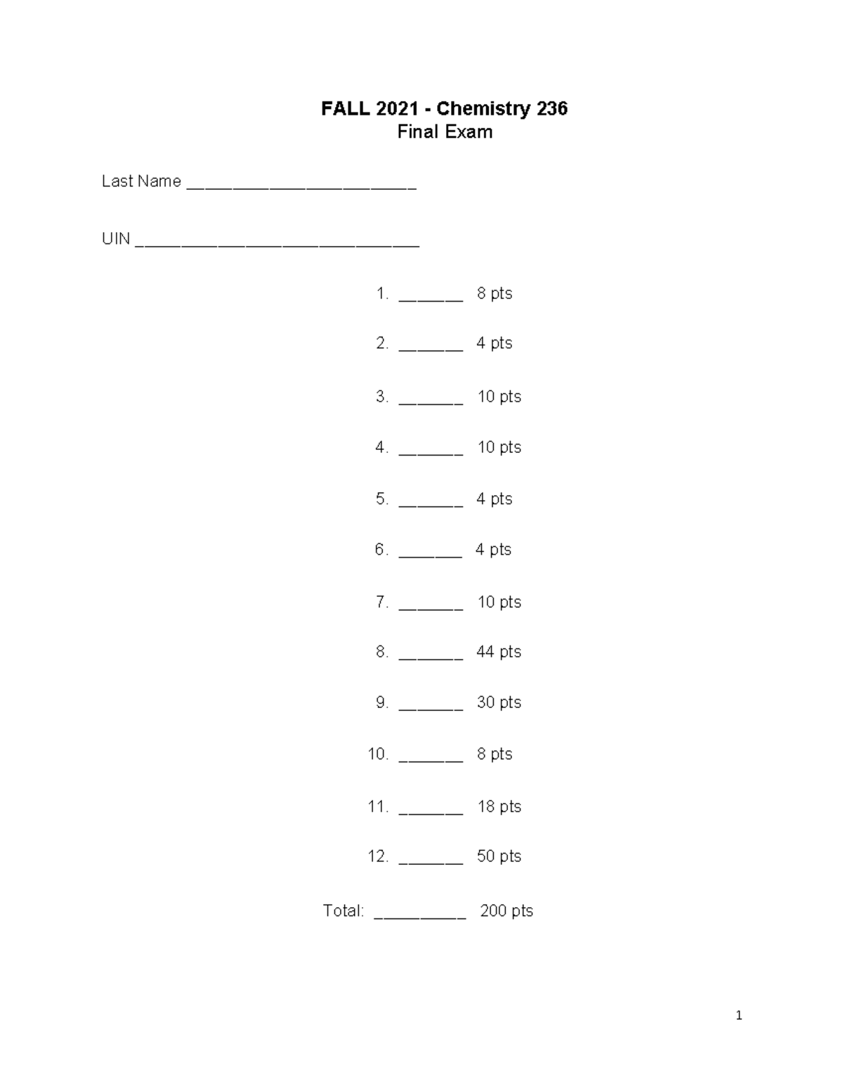 Chem 236 FALL 2021 Final Exam Questions and Answer Guide - Studocu