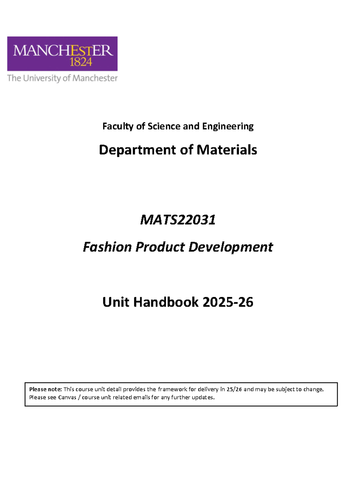 MATS22031 Fashion Product Development Unit Handbook 2025-2026 - Studocu