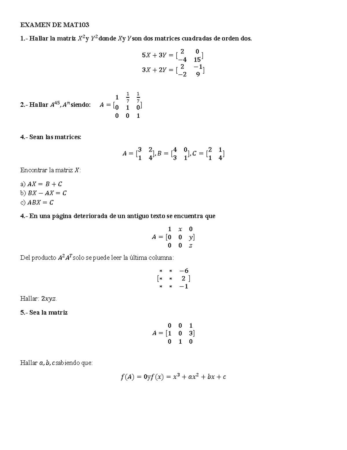 Examen Final MAT103: Resolución de Matrices y Sistemas Lineales - Studocu