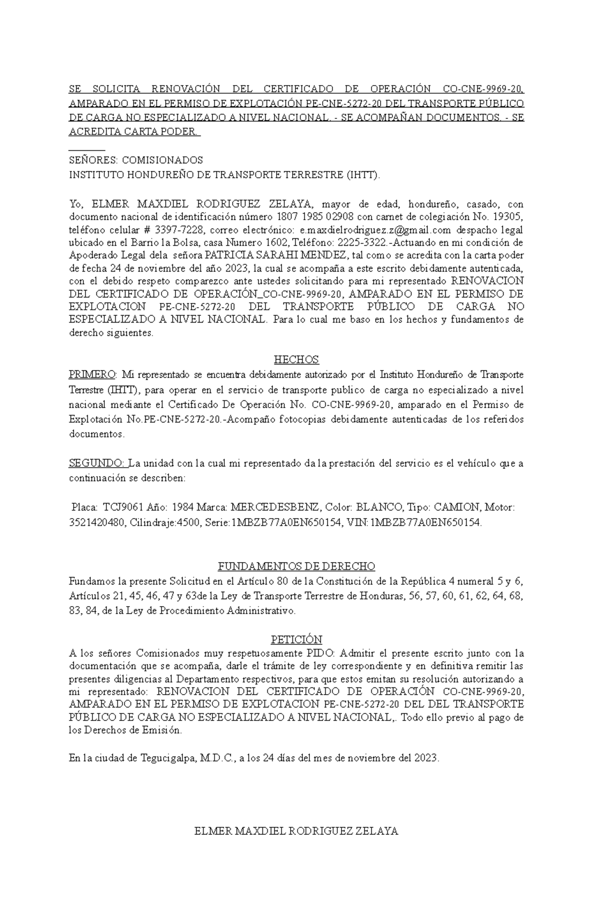 Solicitud de Renovación del Certificado de Operación CO-CNE-9969-20 ...