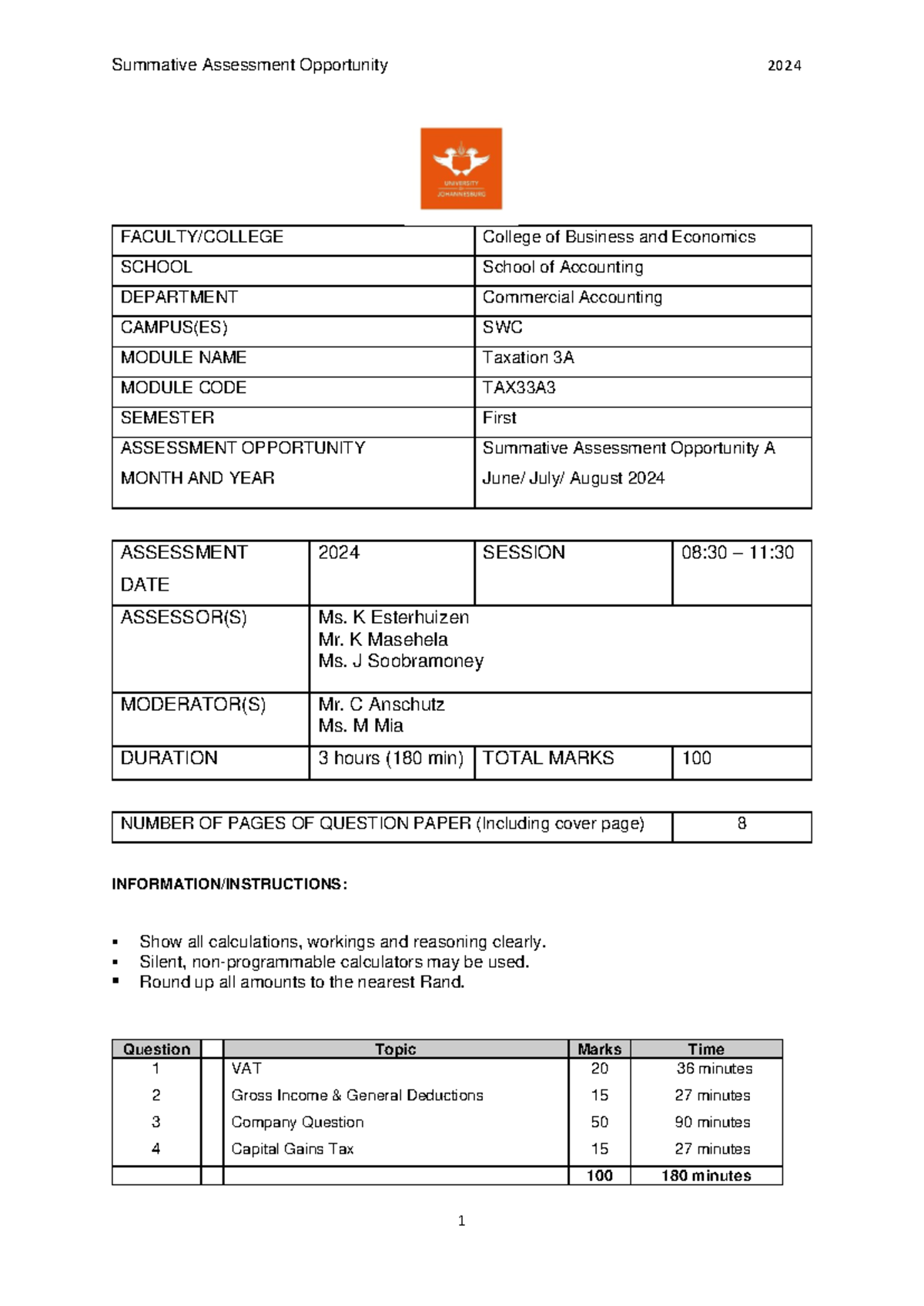 TAX33A3 - 2024 Summative Assessment for Taxation 3A - Studocu