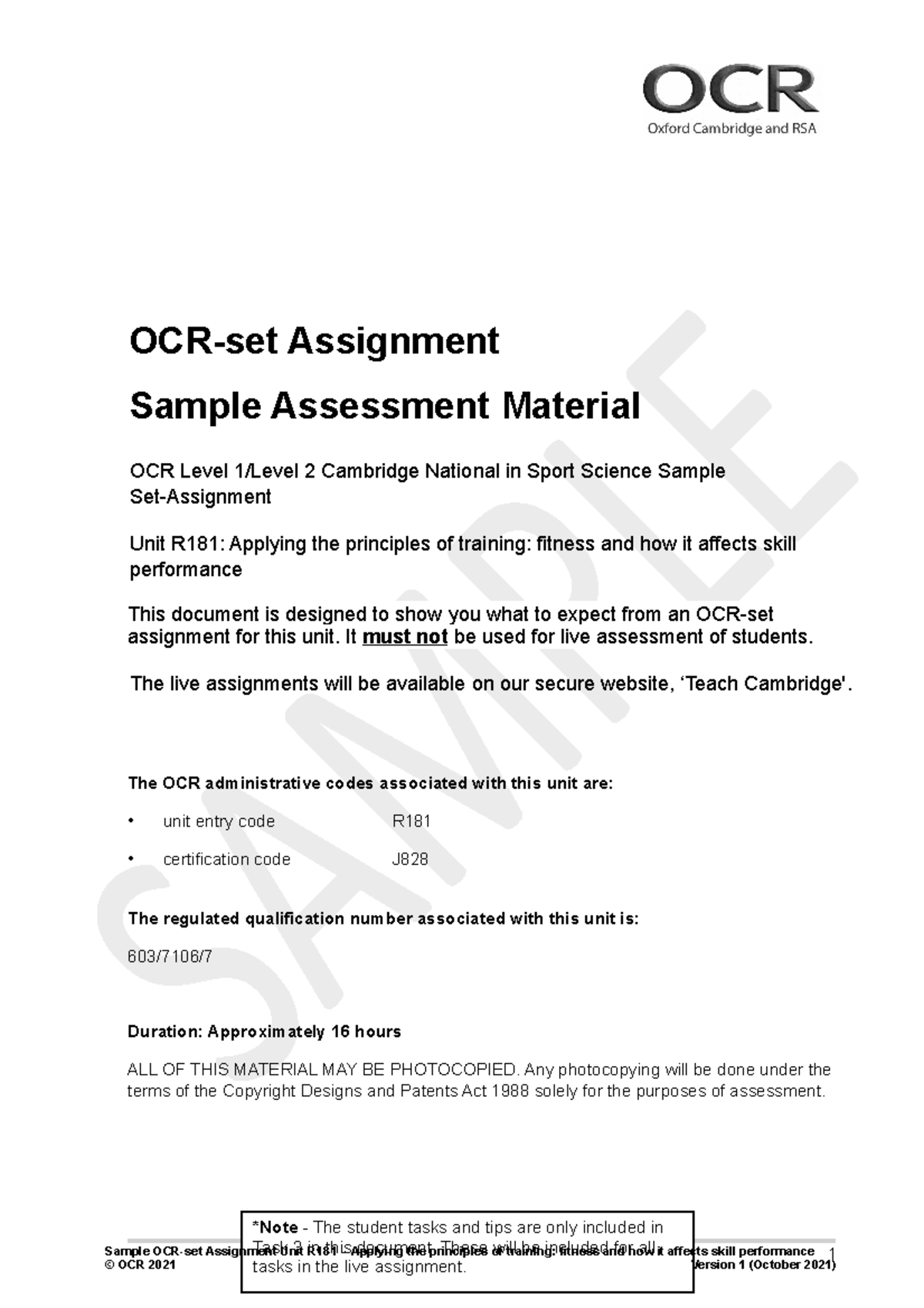 OCR R181 Final Exam: Applying Training Principles in Fitness & Skill ...
