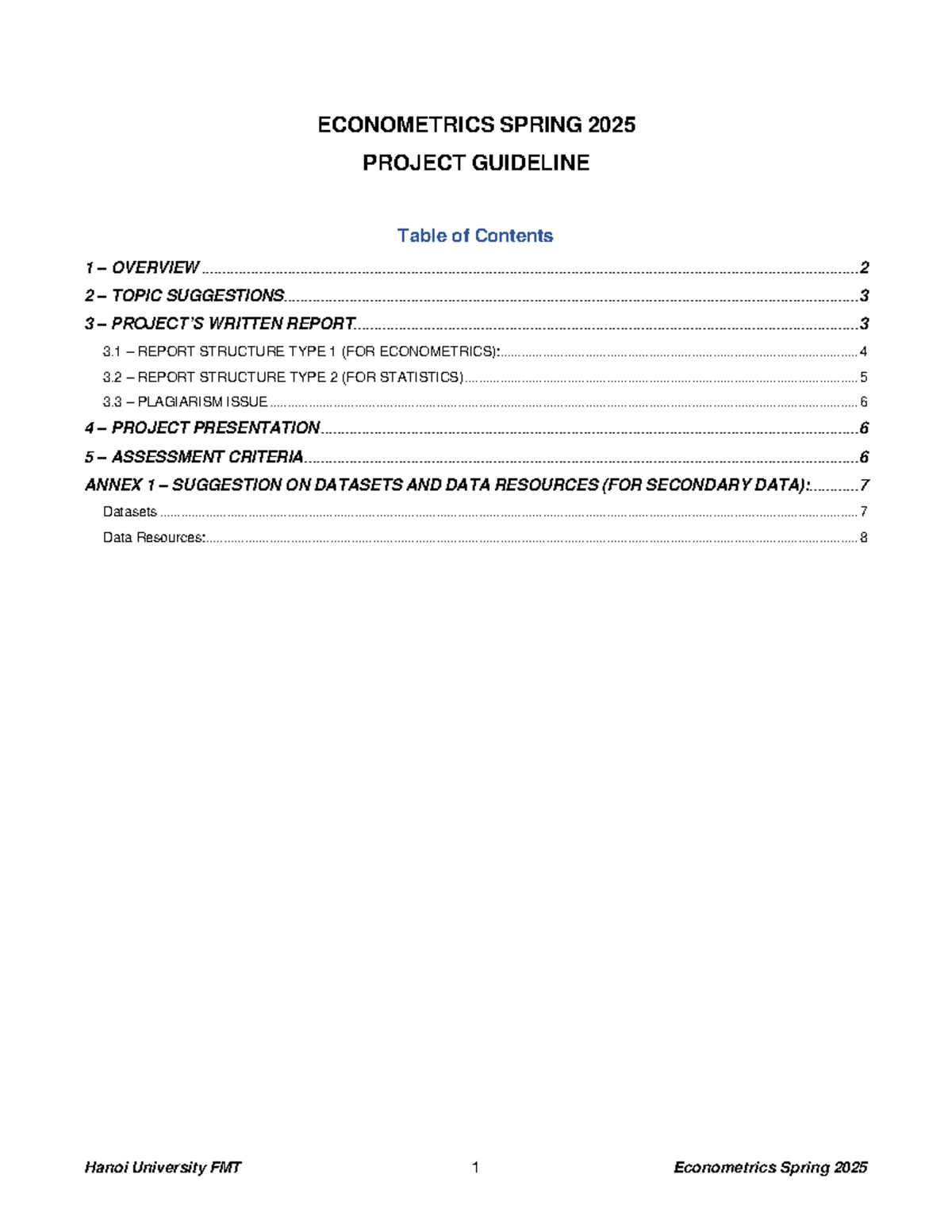 Hanoi University FMT - Econometrics Spring 2025 Project Guidelines - Studocu