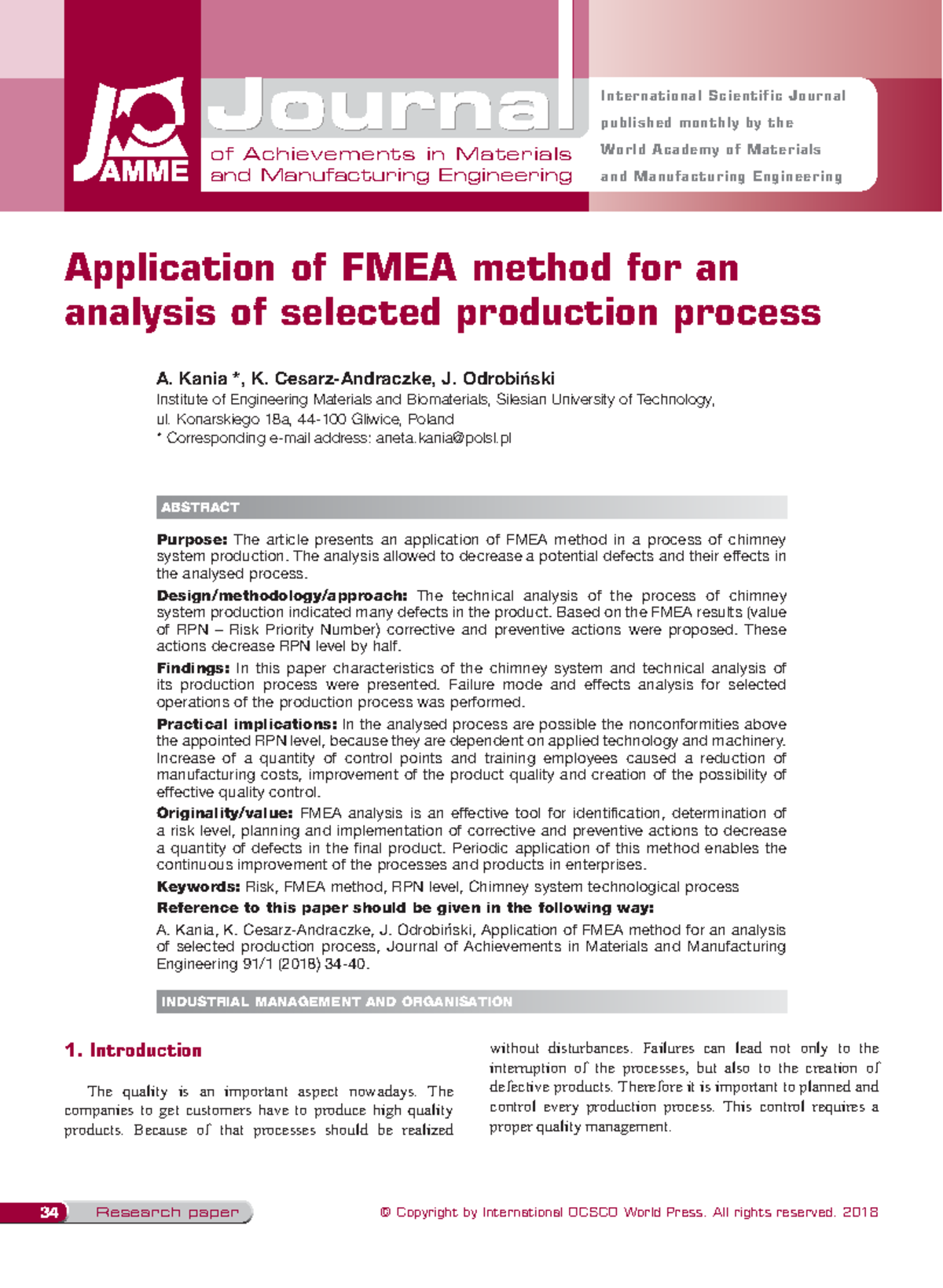 Application of FMEA Method in Chimney System Production Process - Studocu