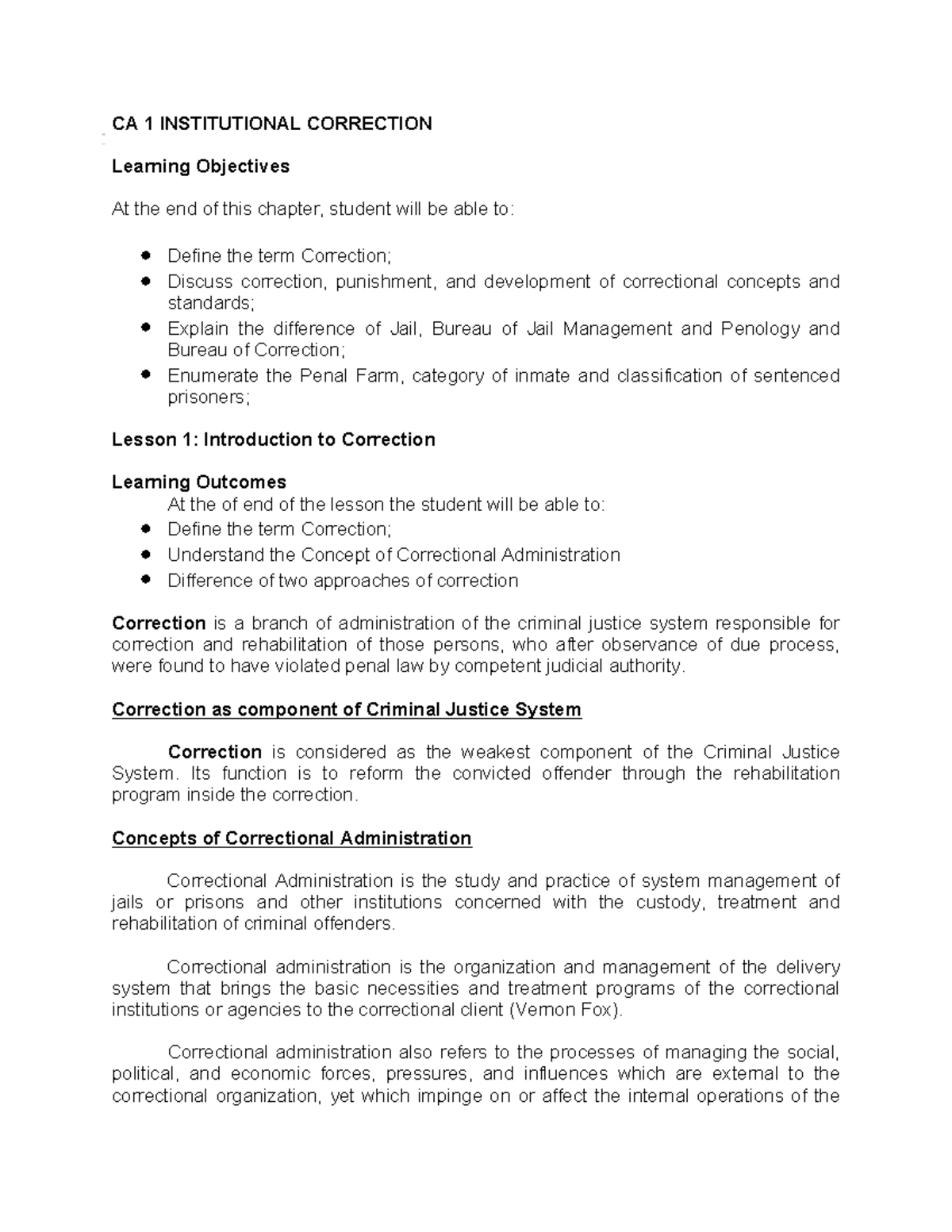 CA1 Chapter 1 - Introduction to Institutional Correction and Penology - Studocu