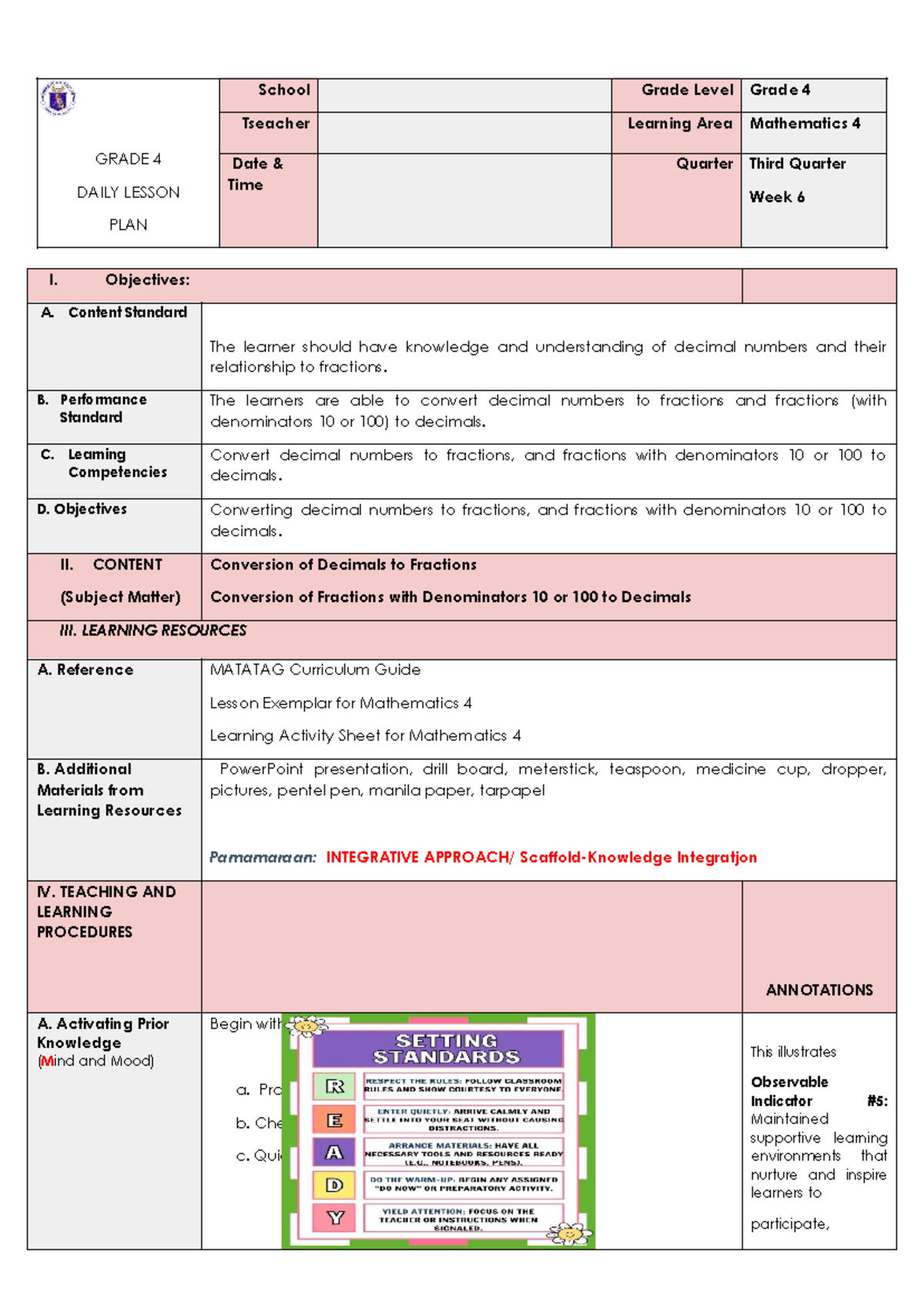 COT DLP MATH4 Q4 W6 - GRADE 4 LESSON PLAN: DECIMAL FRACTIONS - Studocu