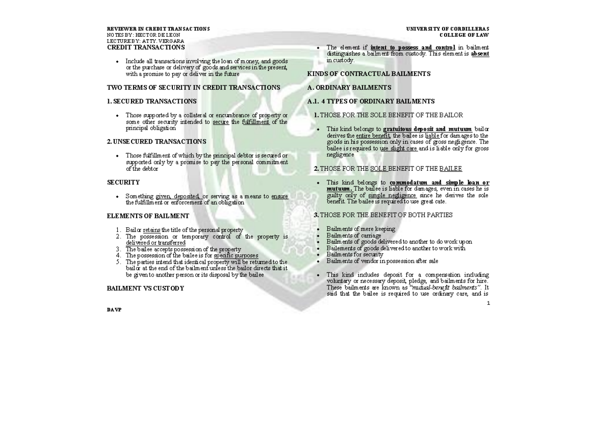 Credit Transactions Review Notes for College Students (Law 101) - Studocu