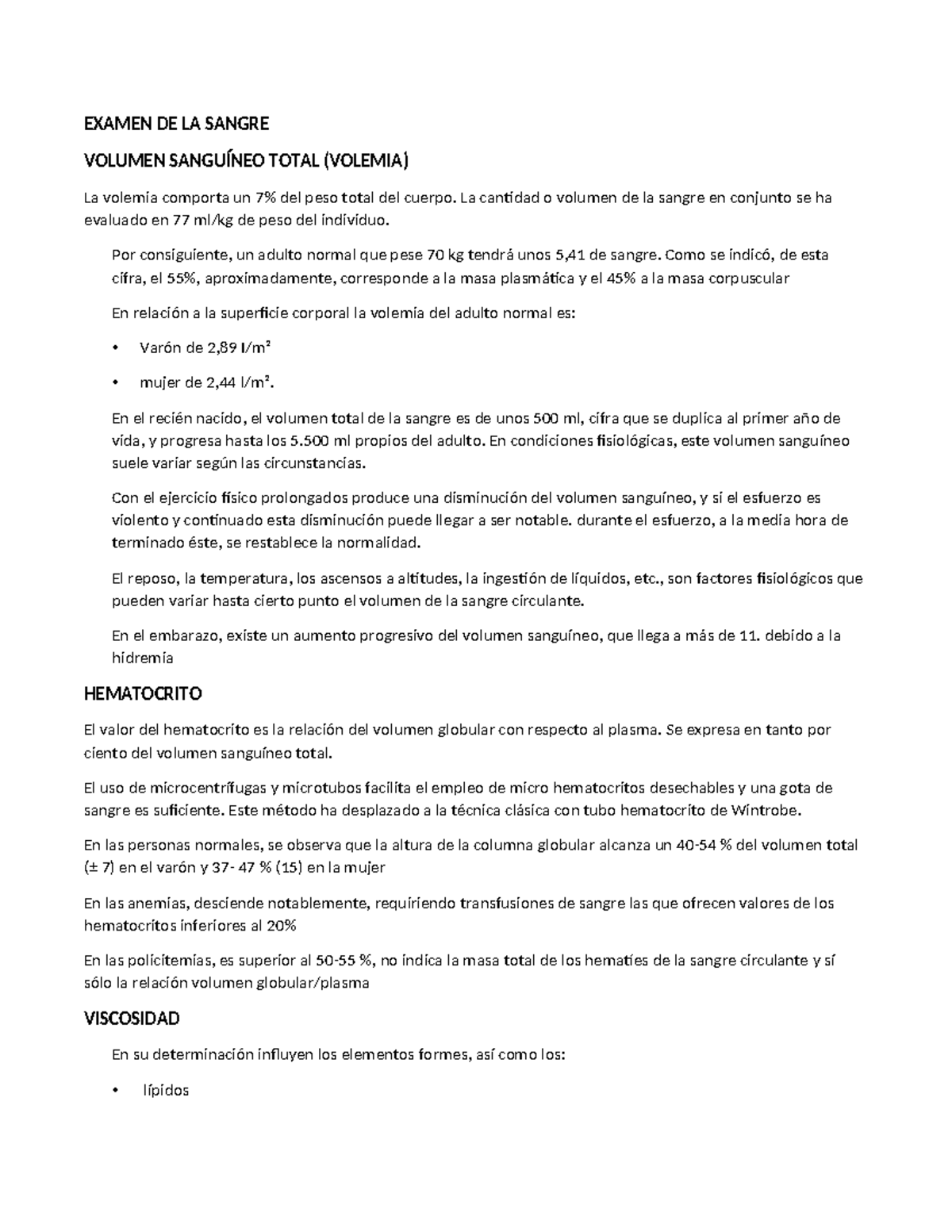 Examen de la Sangre: Volumen Sanguíneo Total y Hematocrito - Studocu