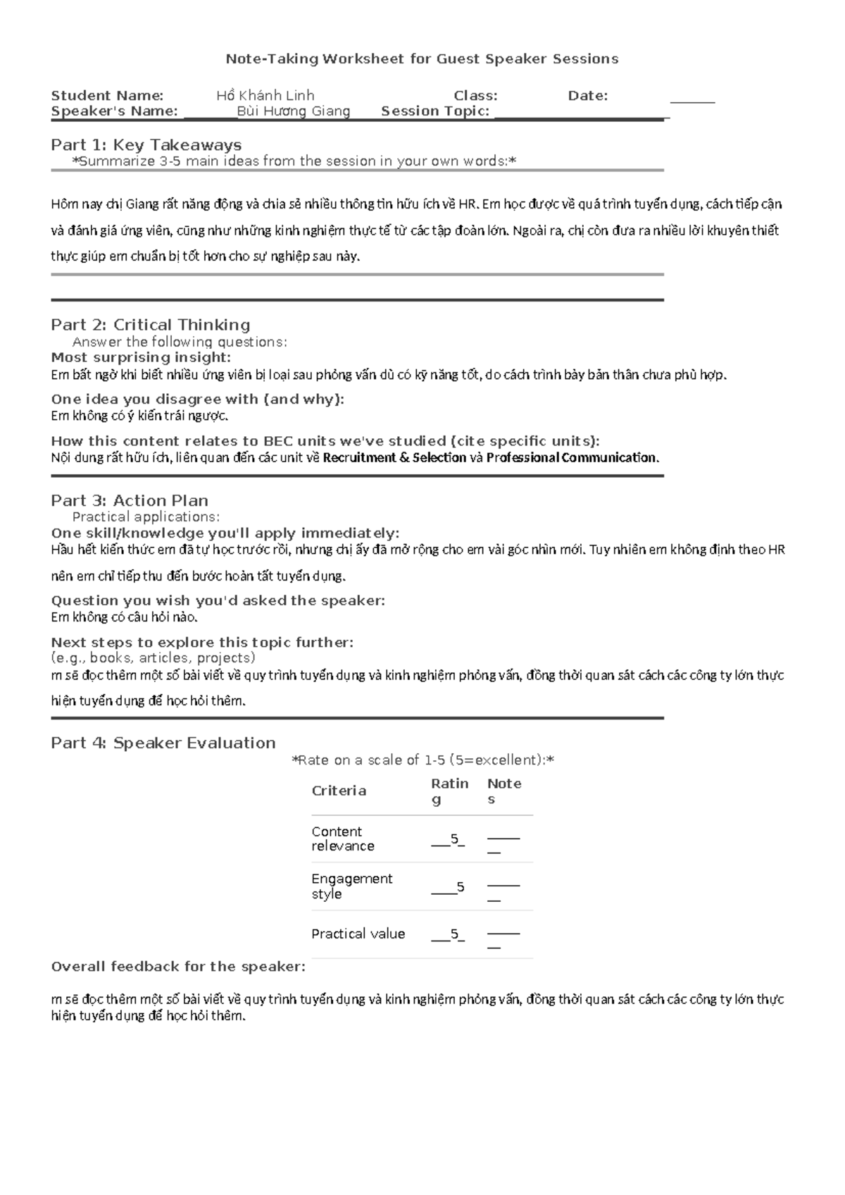 Worksheet for Guest Speaker Session - BEC Lesson 12 Insights - Studocu