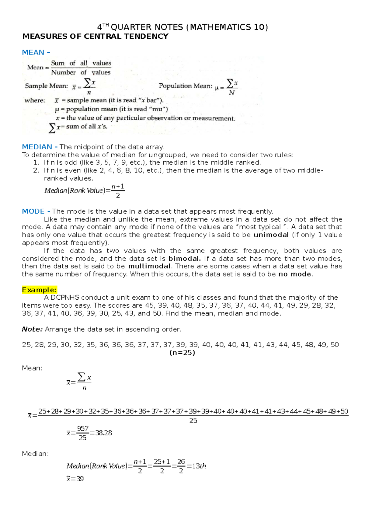 4TH QUARTER NOTES (MATH 10): MEASURES OF CENTRAL TENDENCY & POSITION ...