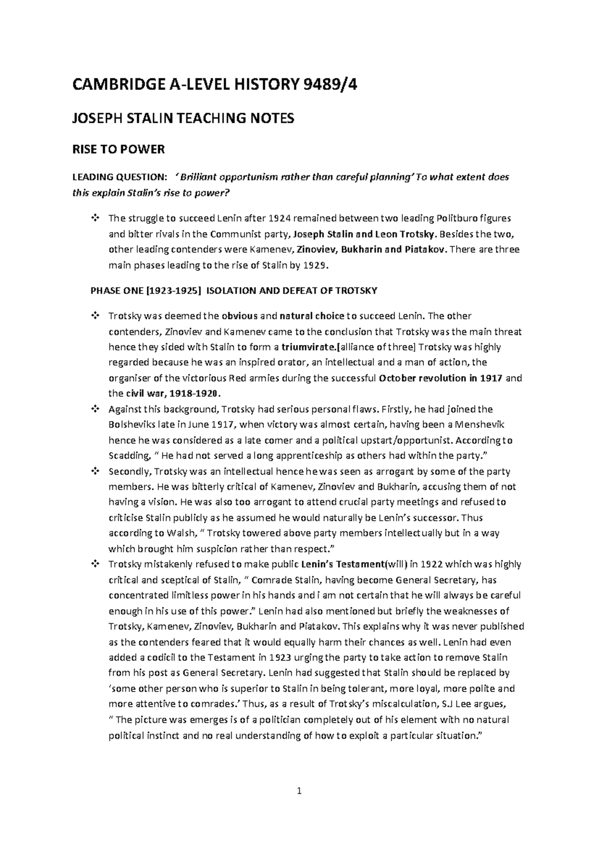 CAMBRIDGE A-LEVEL HISTORY 9489: Joseph Stalin Final Exam Notes - Studocu