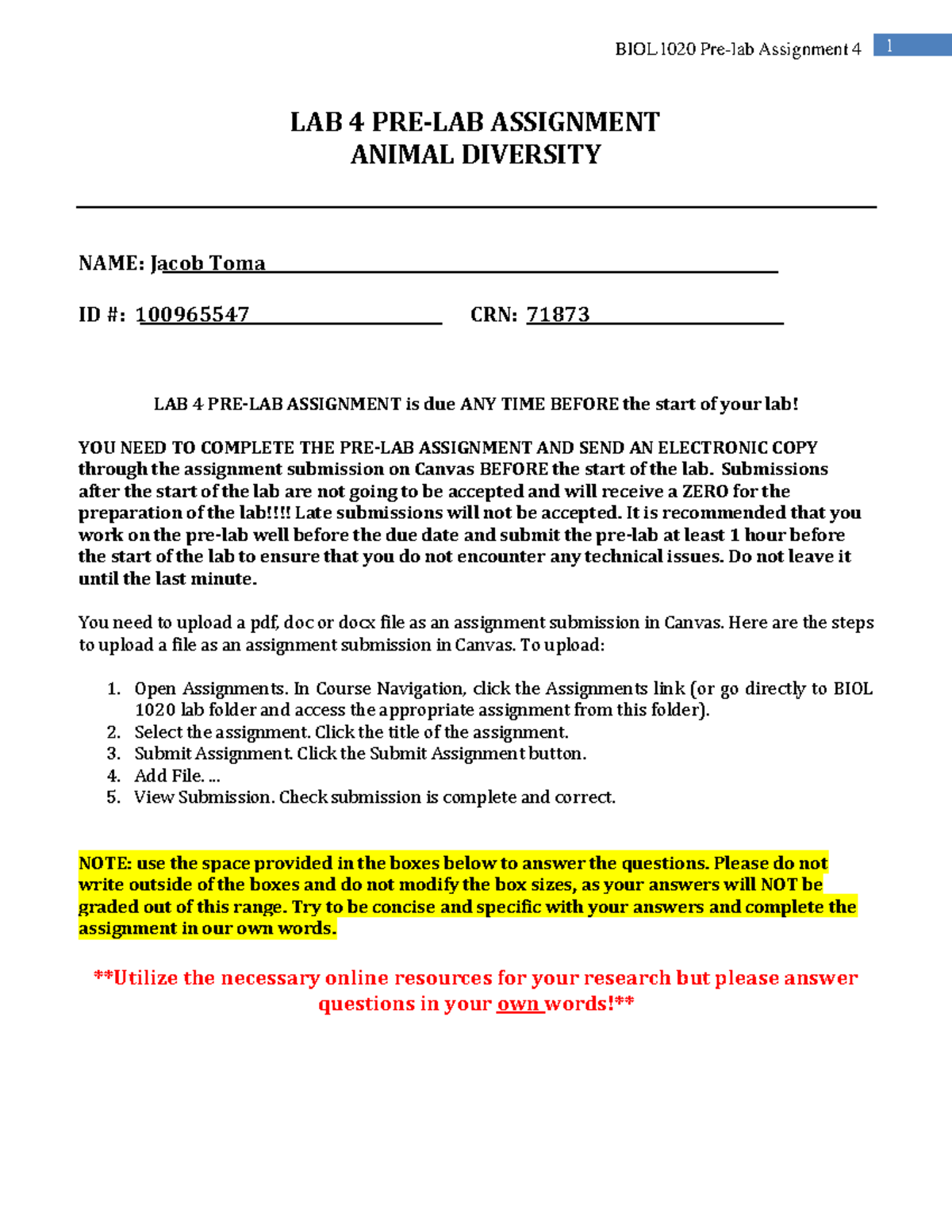 BIOL1020 Lab 4 Assignment: Animal Diversity Pre-Lab Guide - Studocu
