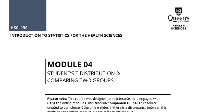 HSCI 190 Module 04 Companion Guide: T Distribution & Comparing Groups - Studocu