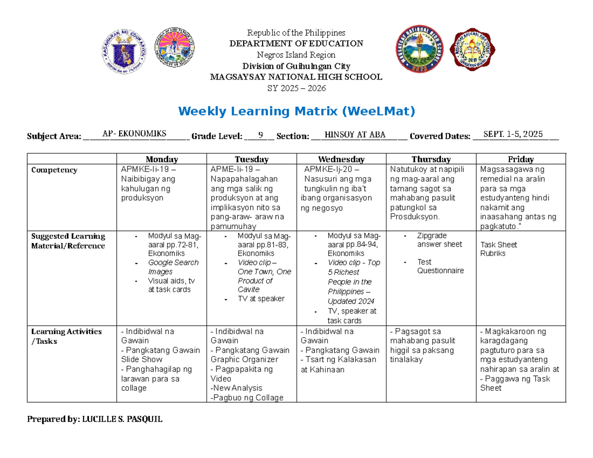Weekly Learning Matrix (WeeLMat) EKONOMIKS SY 2025-2026 - Studocu