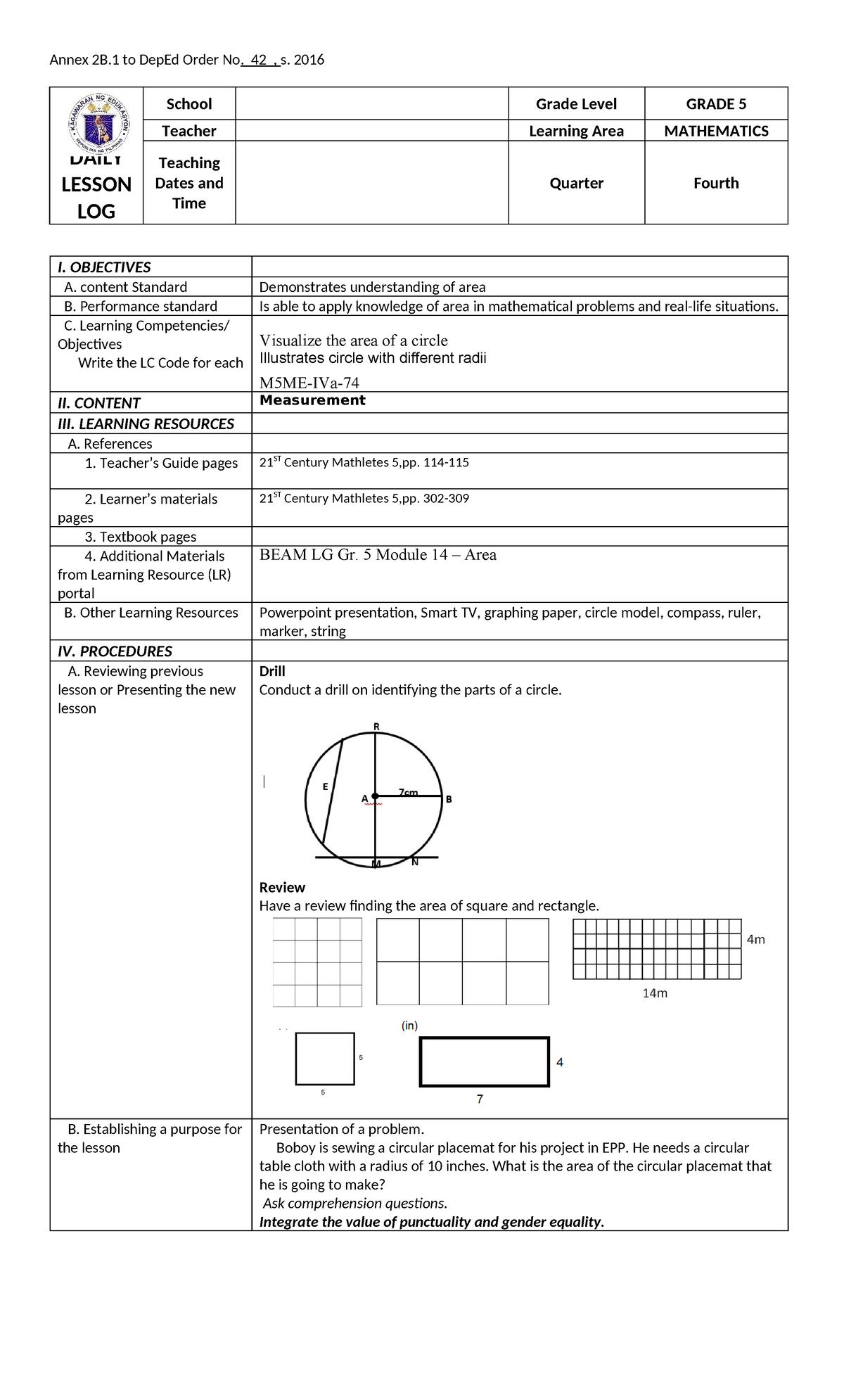 Math 5-Q4-Lesson on Finding the Area of a Circle - Studocu
