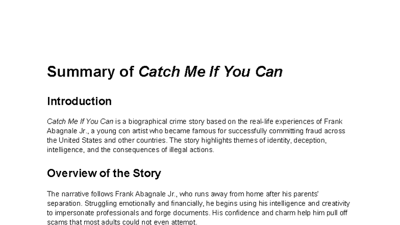 Summary of Catch Me If You Can: Themes & Analysis - Studocu