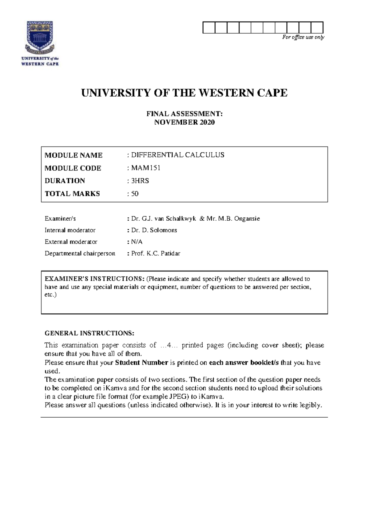 MAM151 Differential Calculus Final Exam Paper November 2020 - Studocu