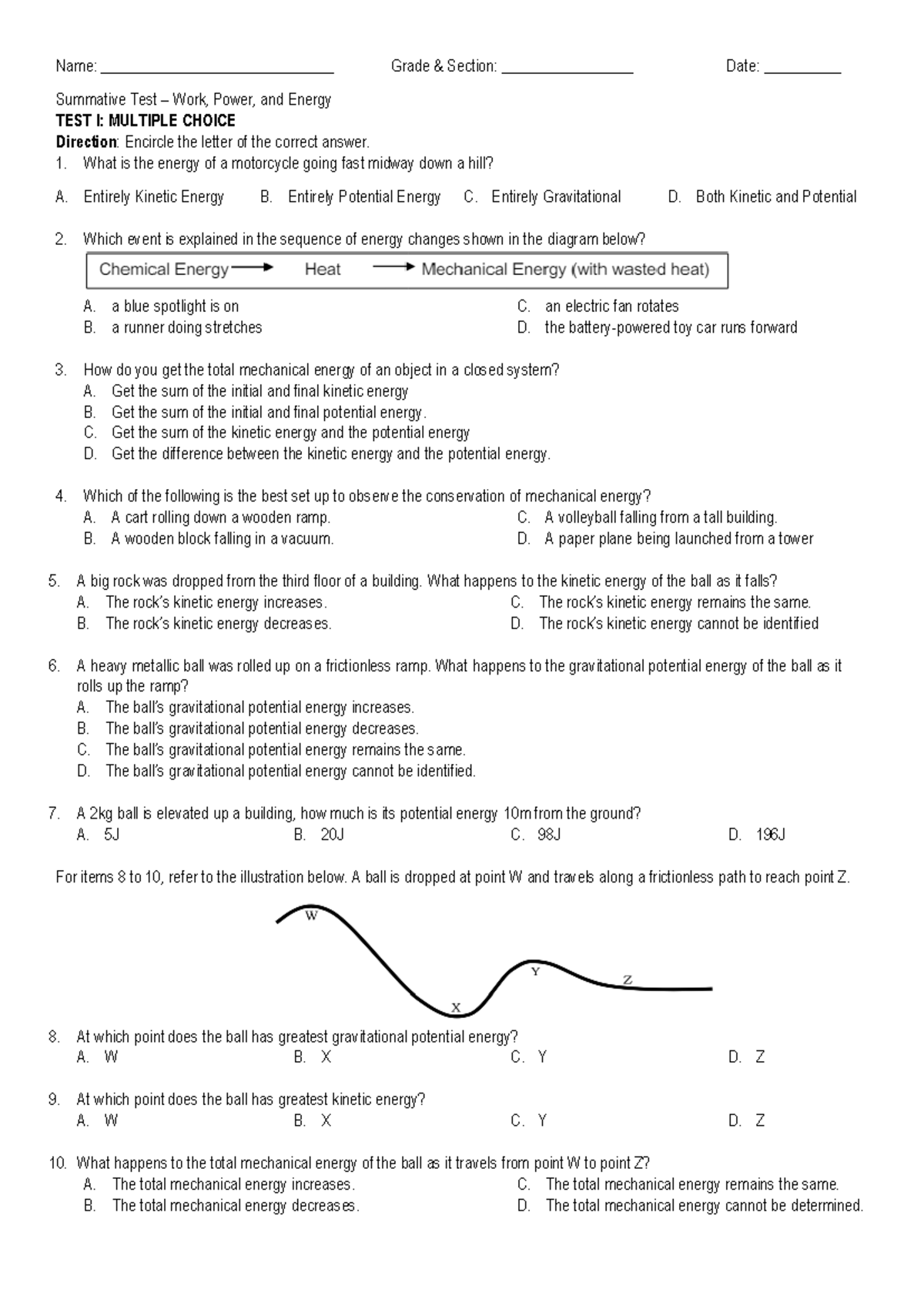Conservation of Mechanical Energy Summative Test, Work, Power & Energy ...