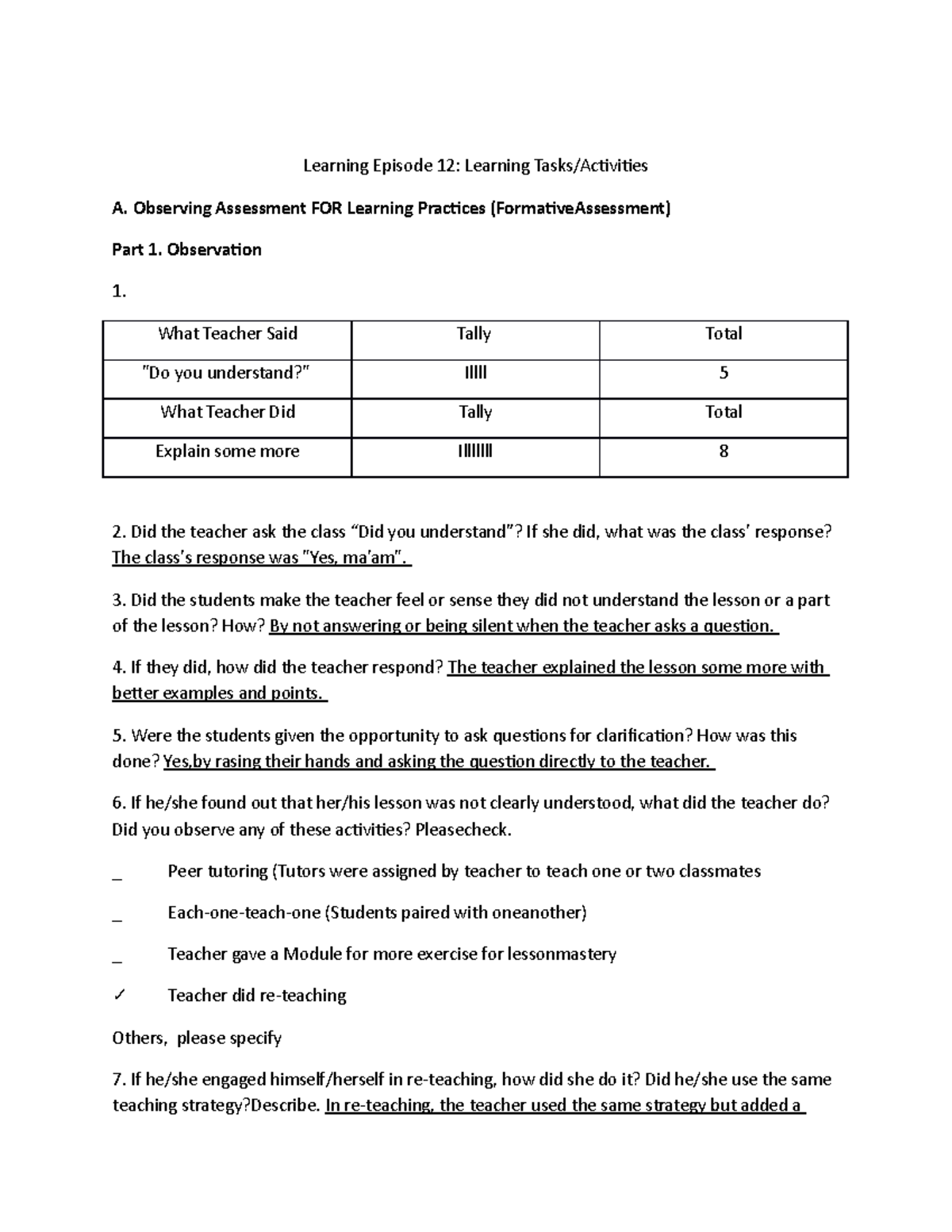Field Study 2: Episode 12 - Observing Formative Assessments - Studocu
