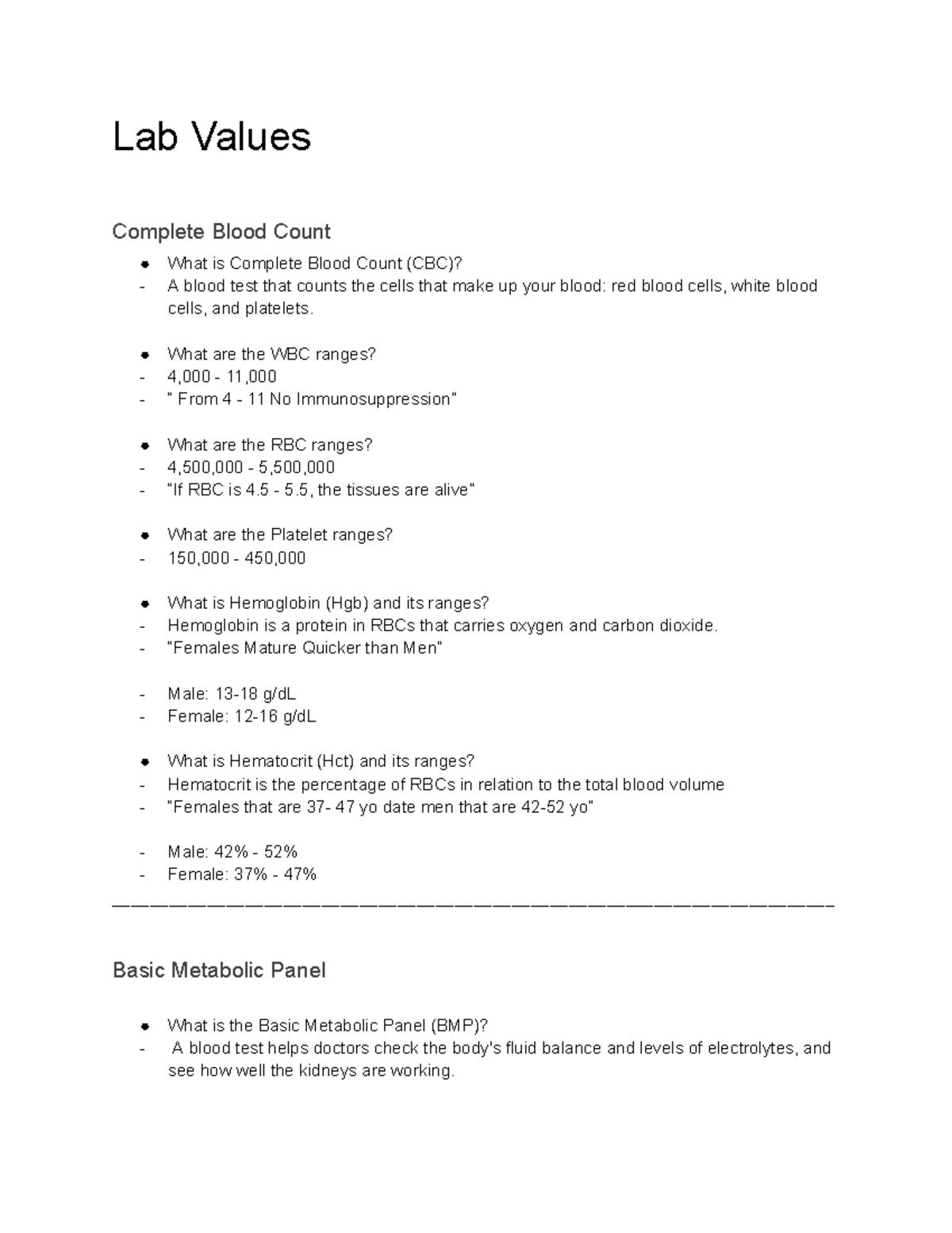 Lab Values for CBC & BMP: Ranges and Insights - Studocu