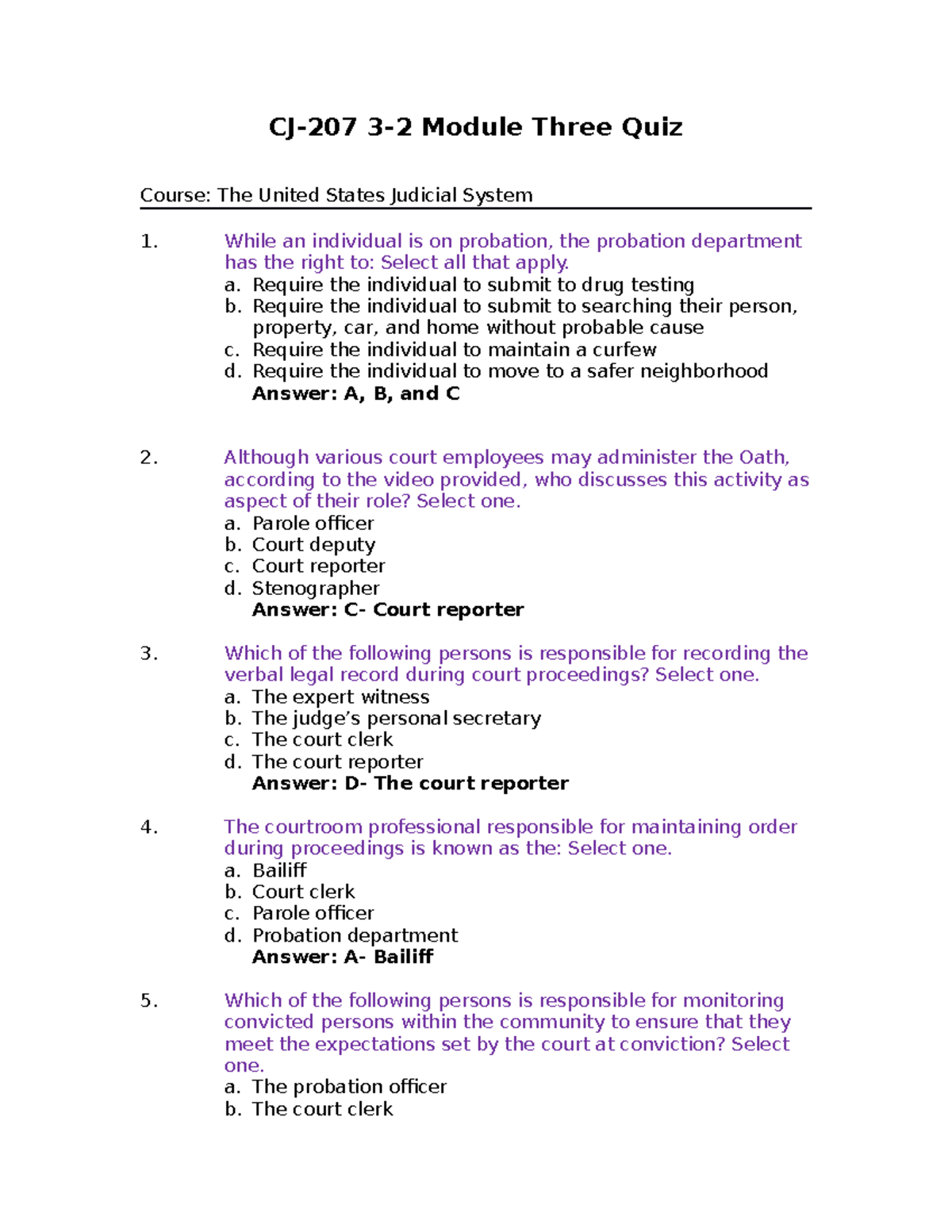 CJ 207 3-2 Quiz - Quiz for all of Module 3 - CJ-207 3-2 Module Three Quiz Course: The United ...