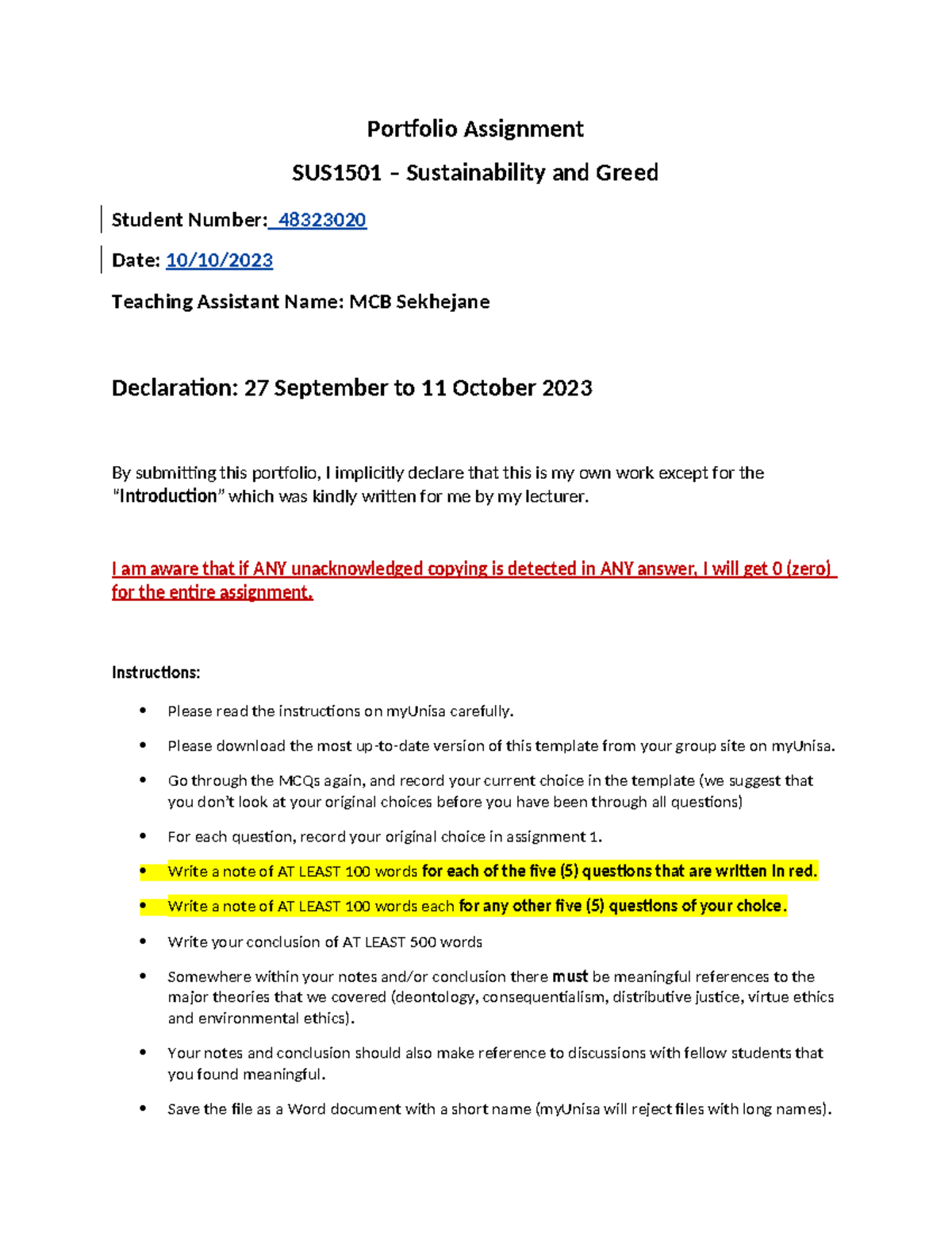 Portfolio 48323020 23-S2 - Portfolio Assignment SUS1501 ...