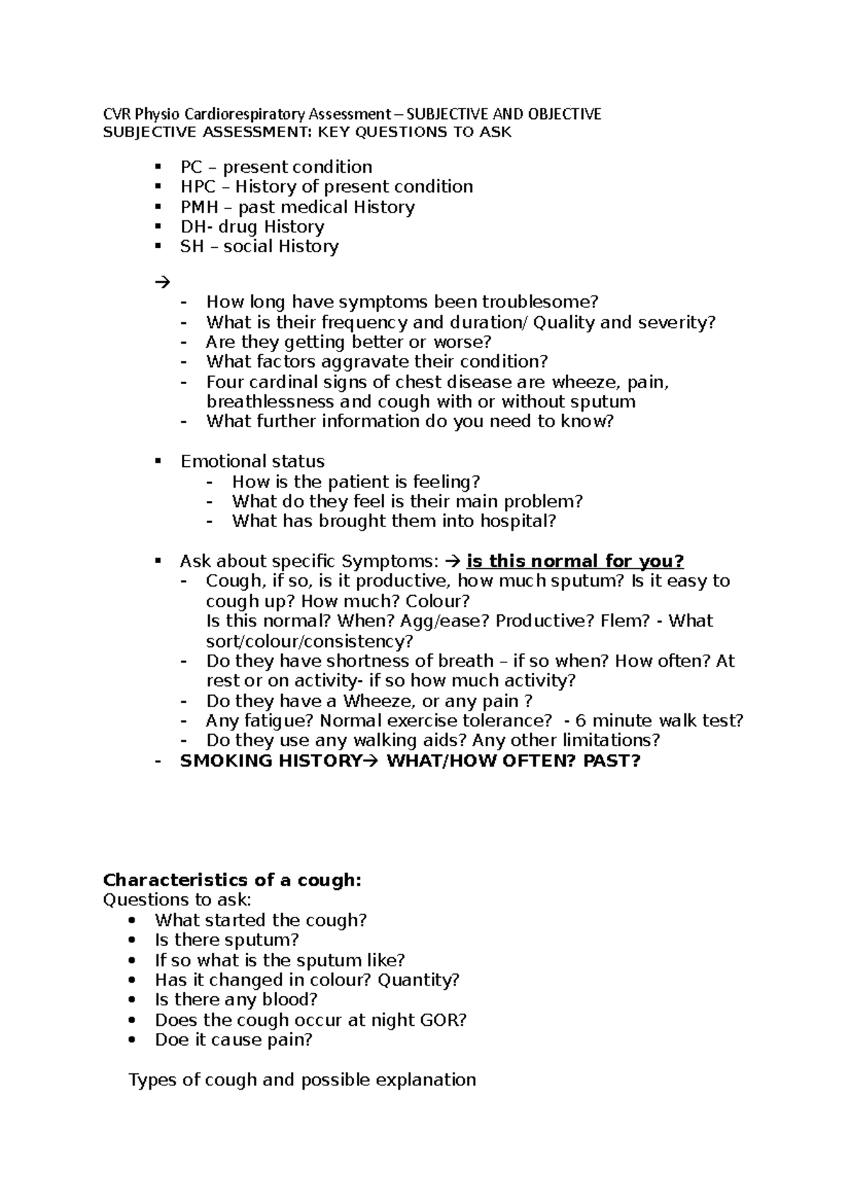 CVR Physio Cardiorespiratory Assessment: Key Subjective & Objective ...