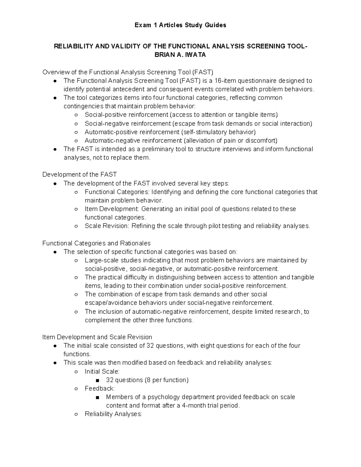 Exam 1 Articles Study Guides: Reliability & Validity of the FAST Tool ...